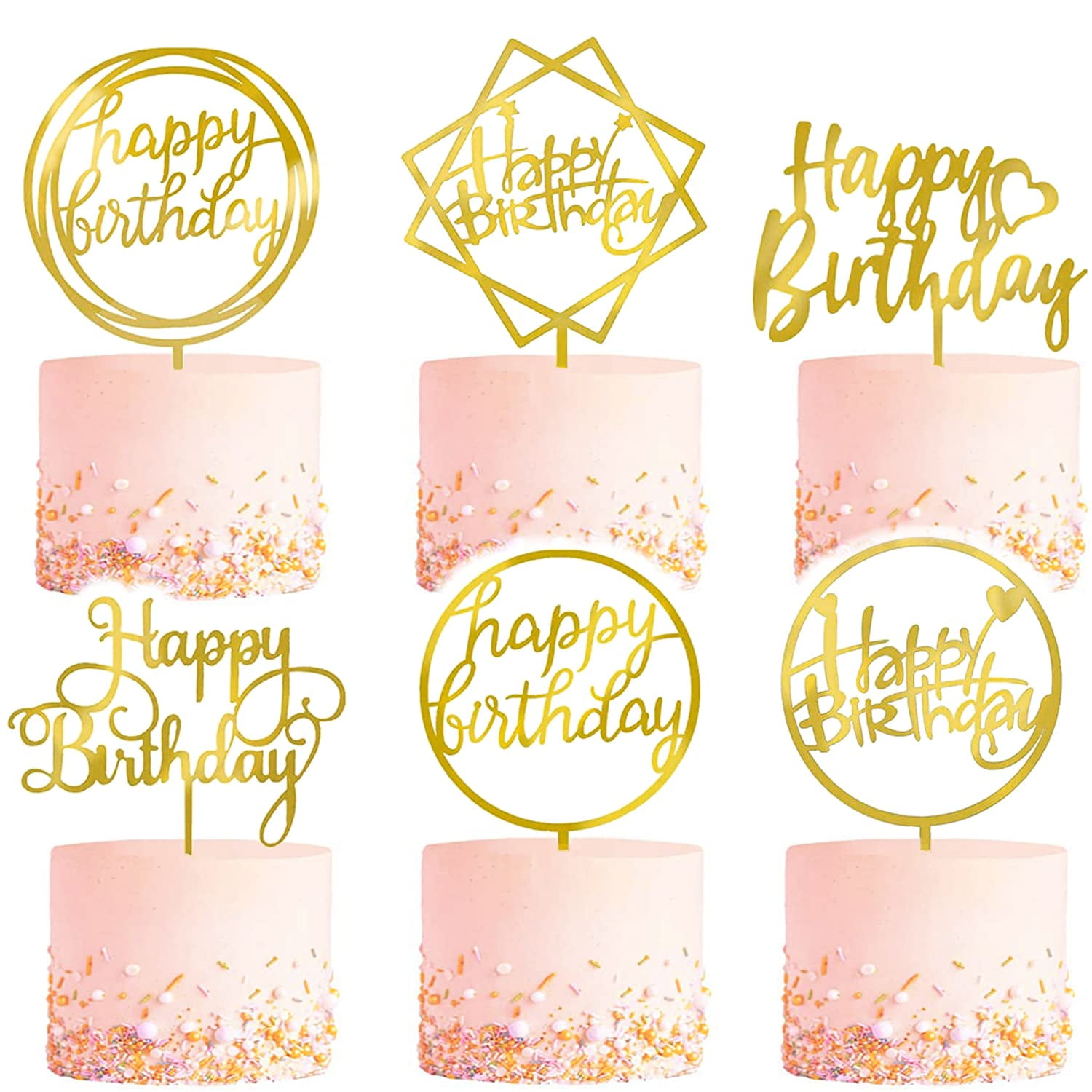 6-Pack Gold Birthday Cake Topper Set, Double-Sided Glitter, Acrylic ...
