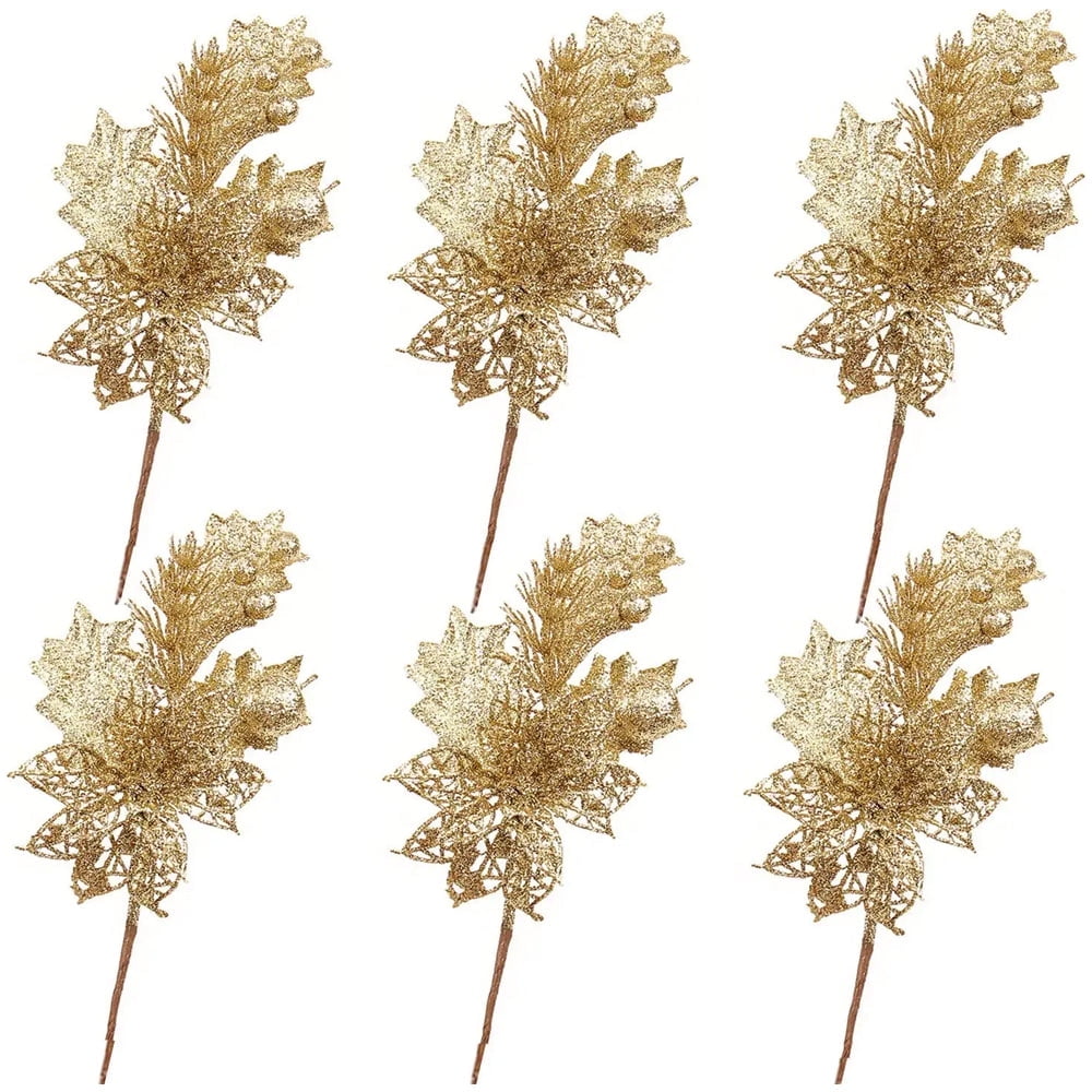 6 Pack Gold Glitters Christmas Picks Sprays, Artificial Poinsettia ...