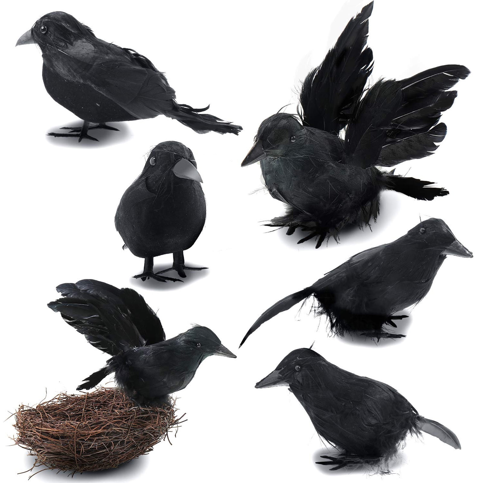 6 Pack Halloween Black Feathered Crow, Realistic Halloween Decorated ...