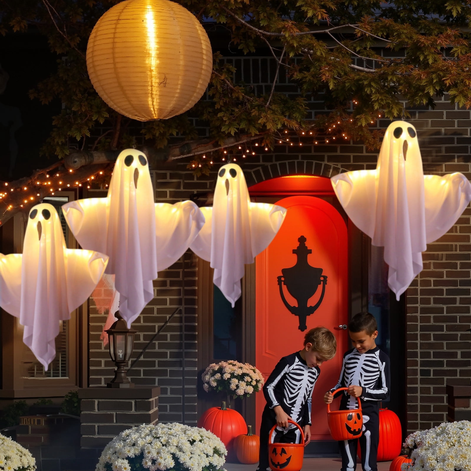 6 Pack Halloween Hanging Ghosts with Light Up Ghost Kit for Indoor ...
