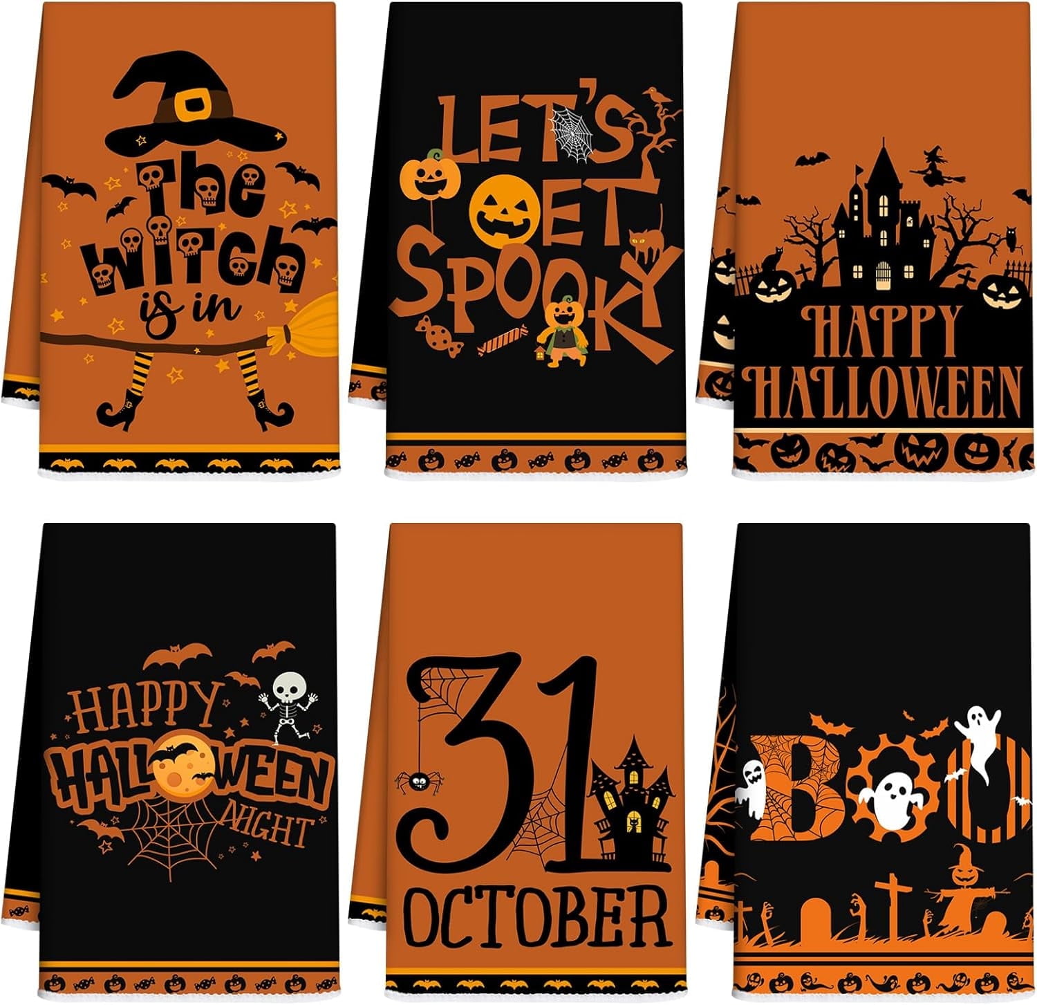 6 Pack Halloween Kitchen Towels Dwarfs Cobwebs Witches Castles Dish ...