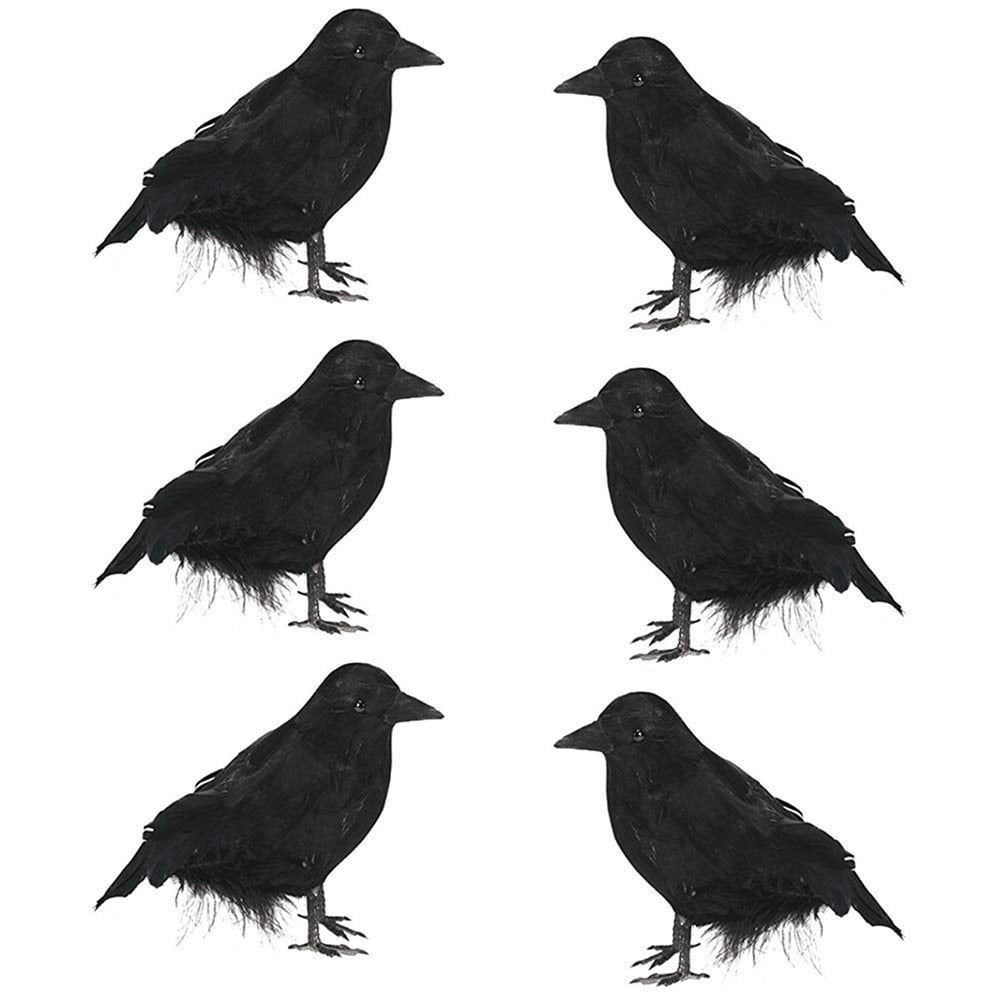 6 Pack Halloween Realistic Handmade Black Feathered Crow Fly and Stand ...