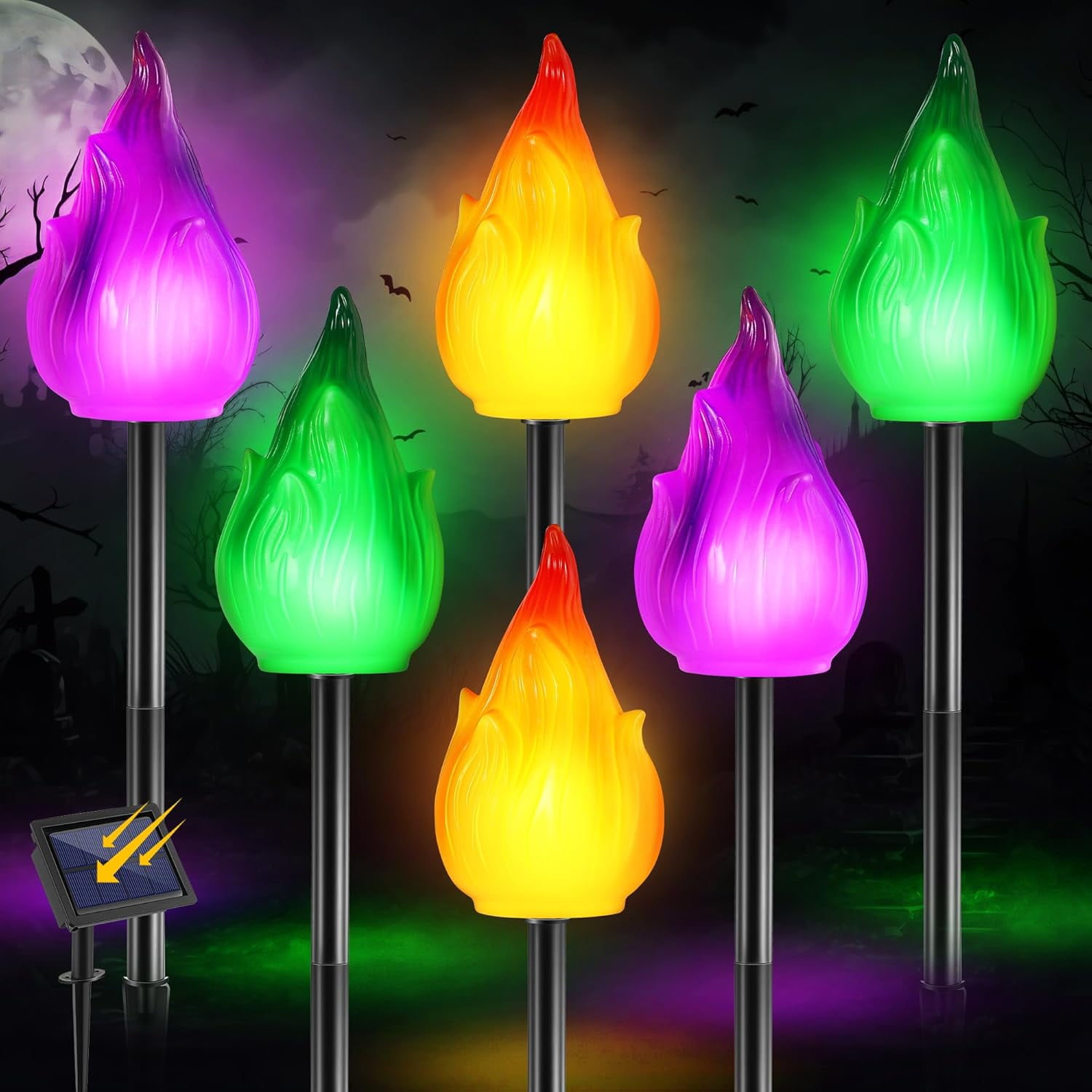 6 Pack Halloween Solar Torch Lights with Flickering Flame, Outdoor ...