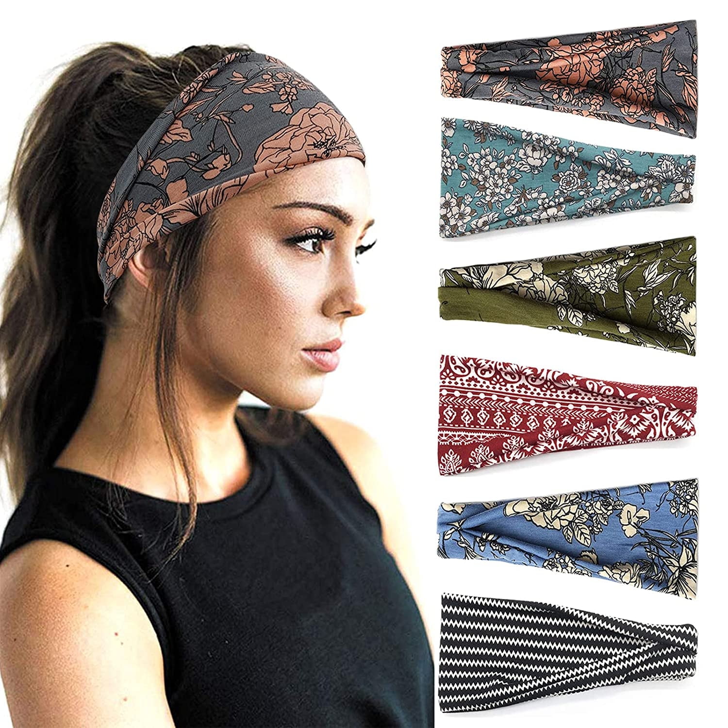 KUTGY 6 Pack Elastic Yoga Headbands, Colored Wide Sports Headbands ...