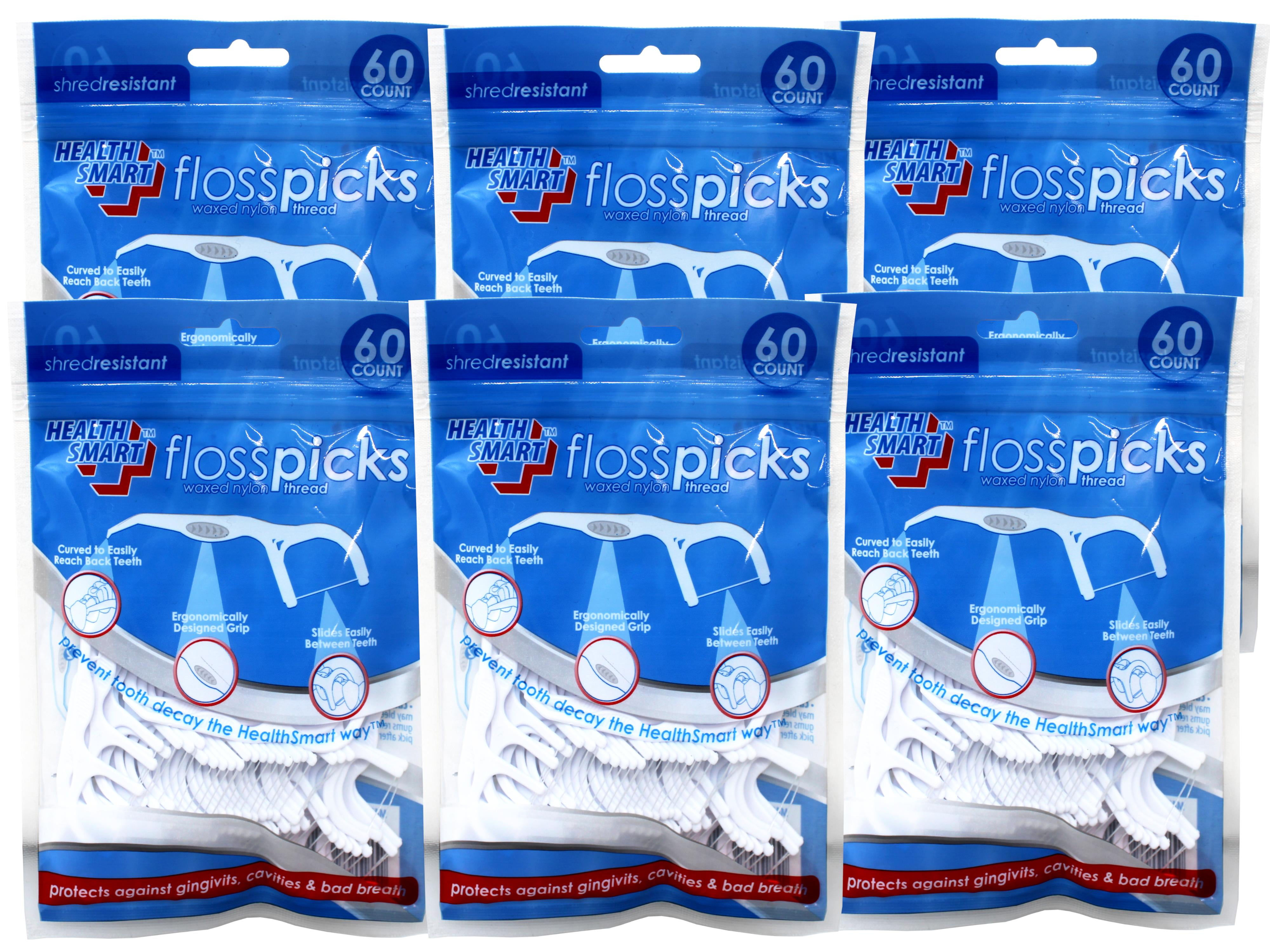 6 Pack - Health Smart Floss Picks, Slides Easily Between Teeth, 60 ...