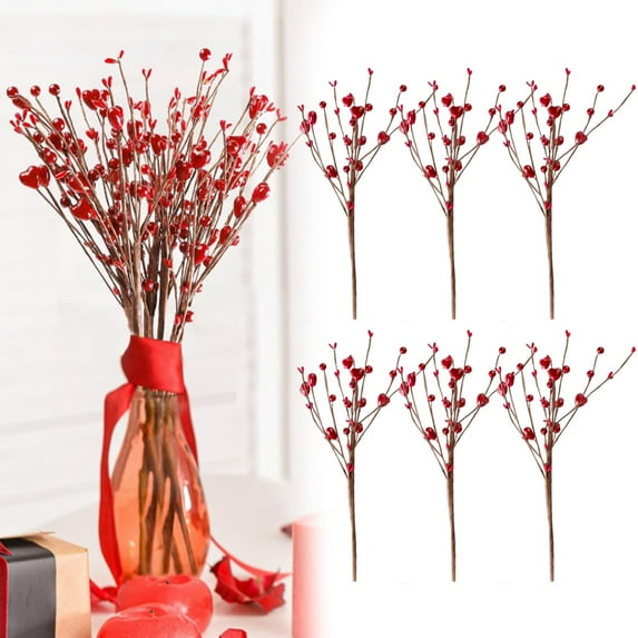 6 Pack Heart Shaped Berry Picks with Red Berries – 60cm Artificial ...