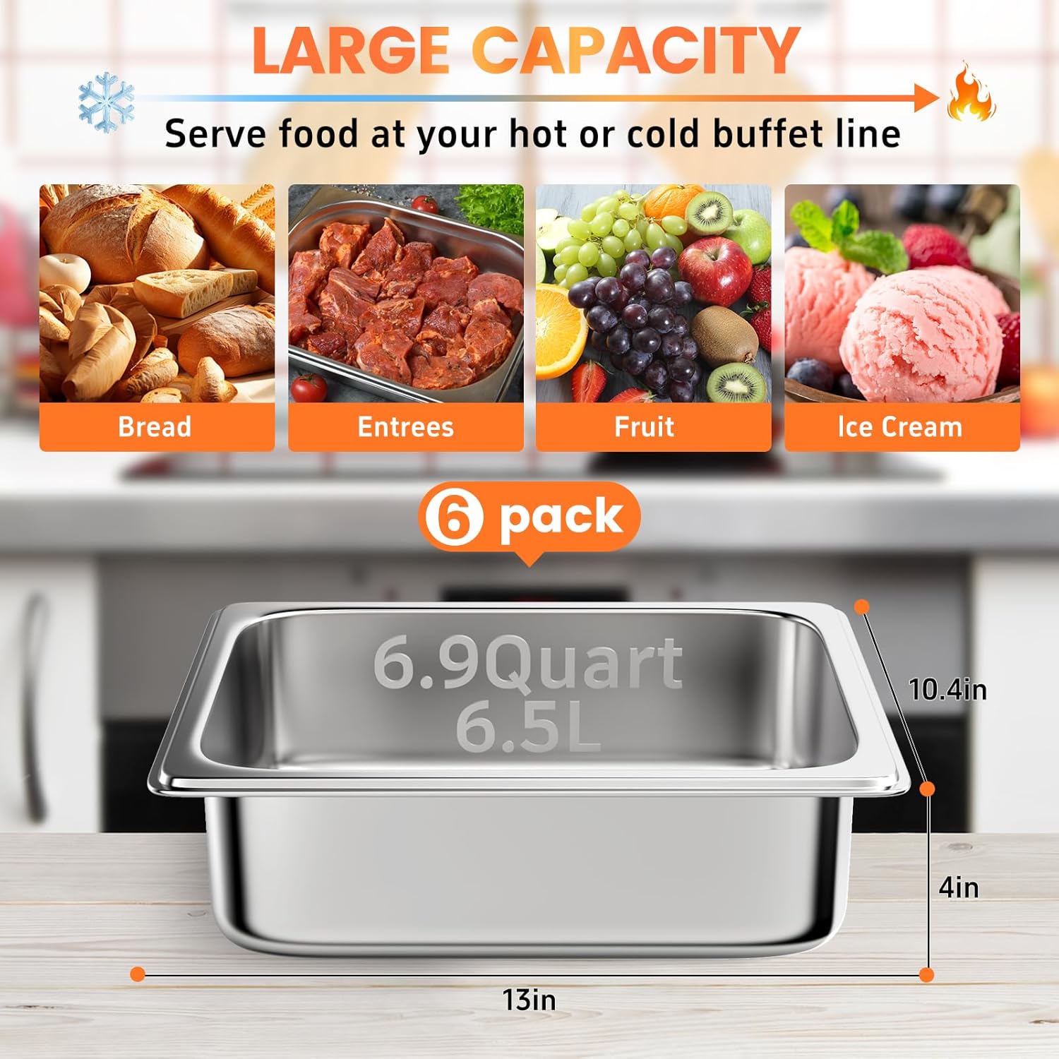6 Pack Hotel Pans, 1/2 Half Size 4 Inch Deep Steam Table Pan, Stainless ...