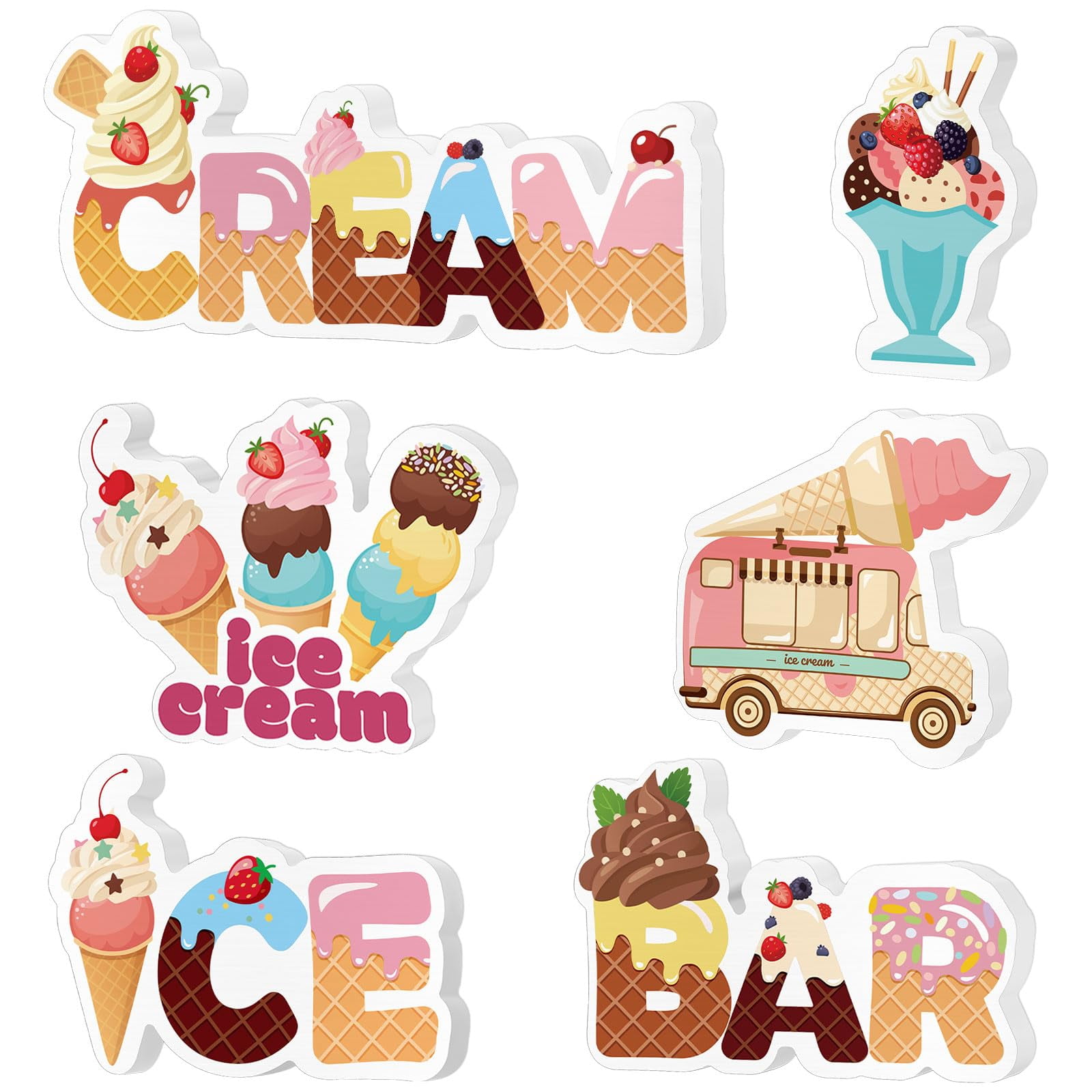 6 Pack Ice Cream Table Decorations Wooden Ice Cream Party Decorations ...