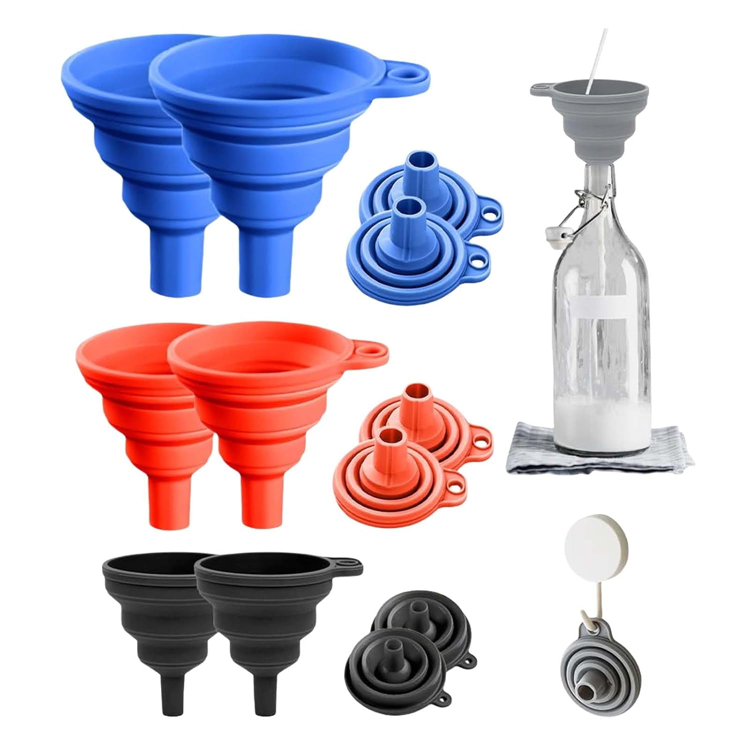 6 Pack Kitchen Funnel Set, 2025 New Silicone Collapsible Funnel ...