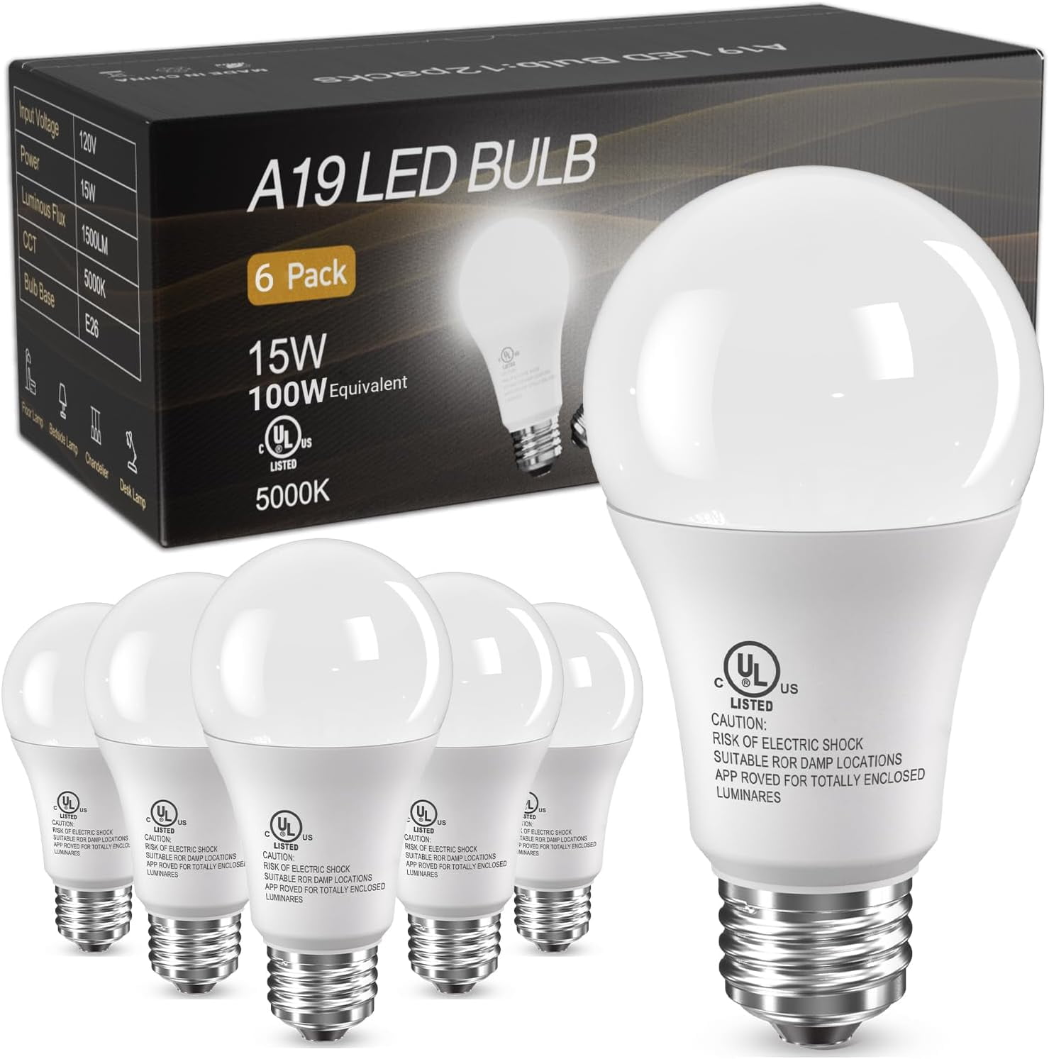 6 Pack LED Light Bulbs, 100 Watt Equivalent A19 Lightbulbs, 15W 5000K ...