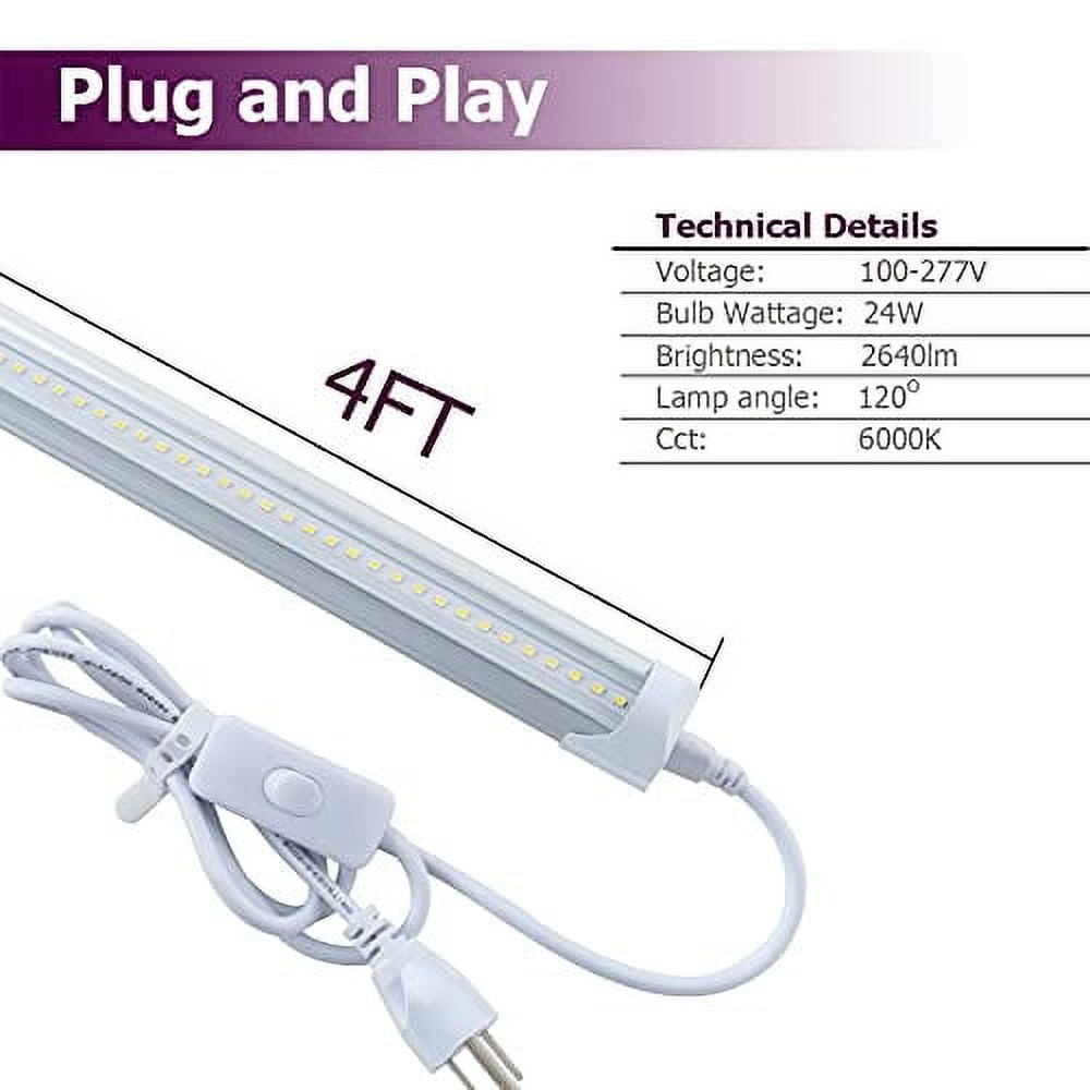 6 Pack LED Shop Light, 4FT 24W 6500K, Cool White, Clear Cover, Hight Output, Linkable 4 Foot LED ...