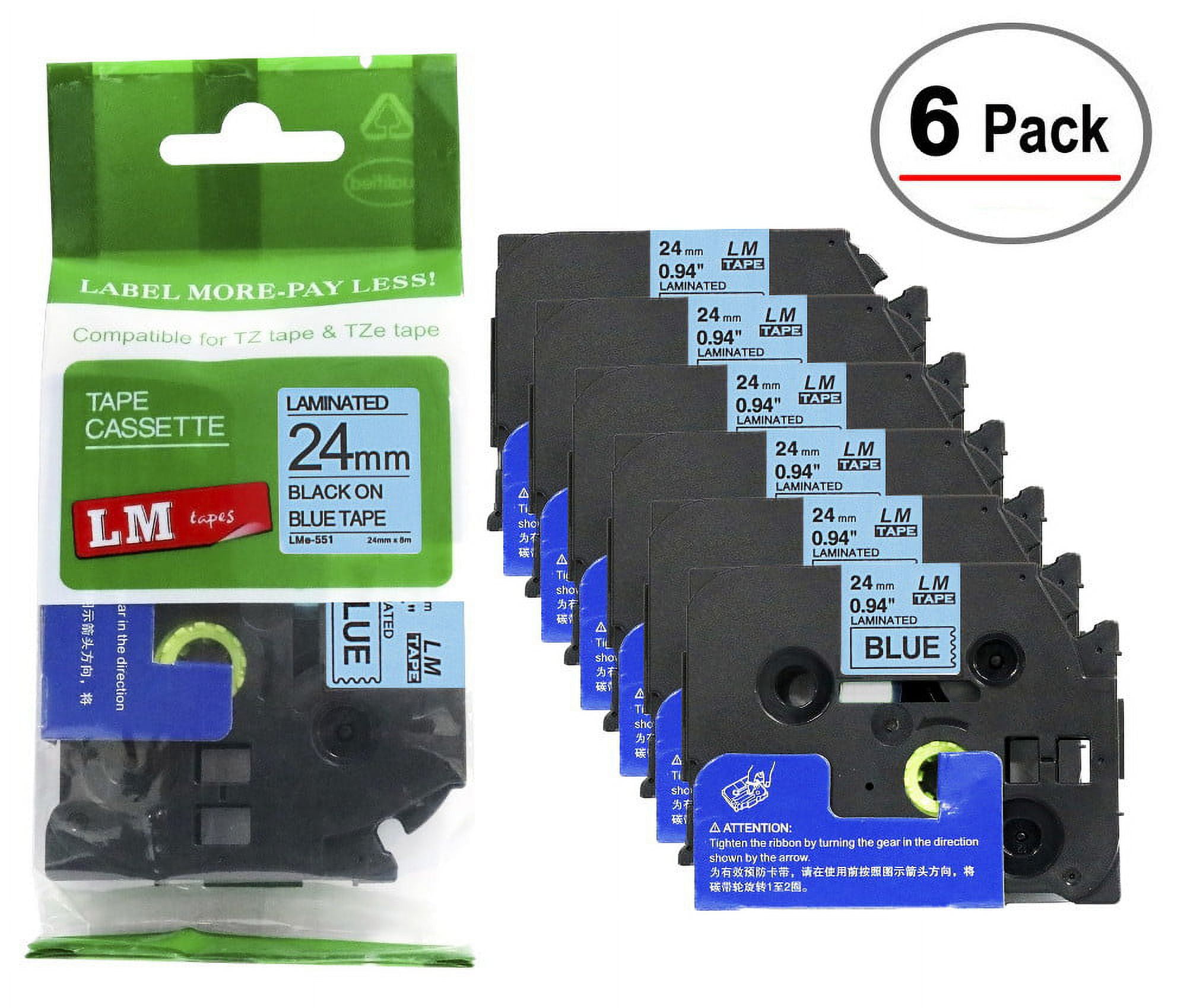 6/Pack LM Tapes - Premium 1" Black Print on Blue Label (24mm 0.94 ...