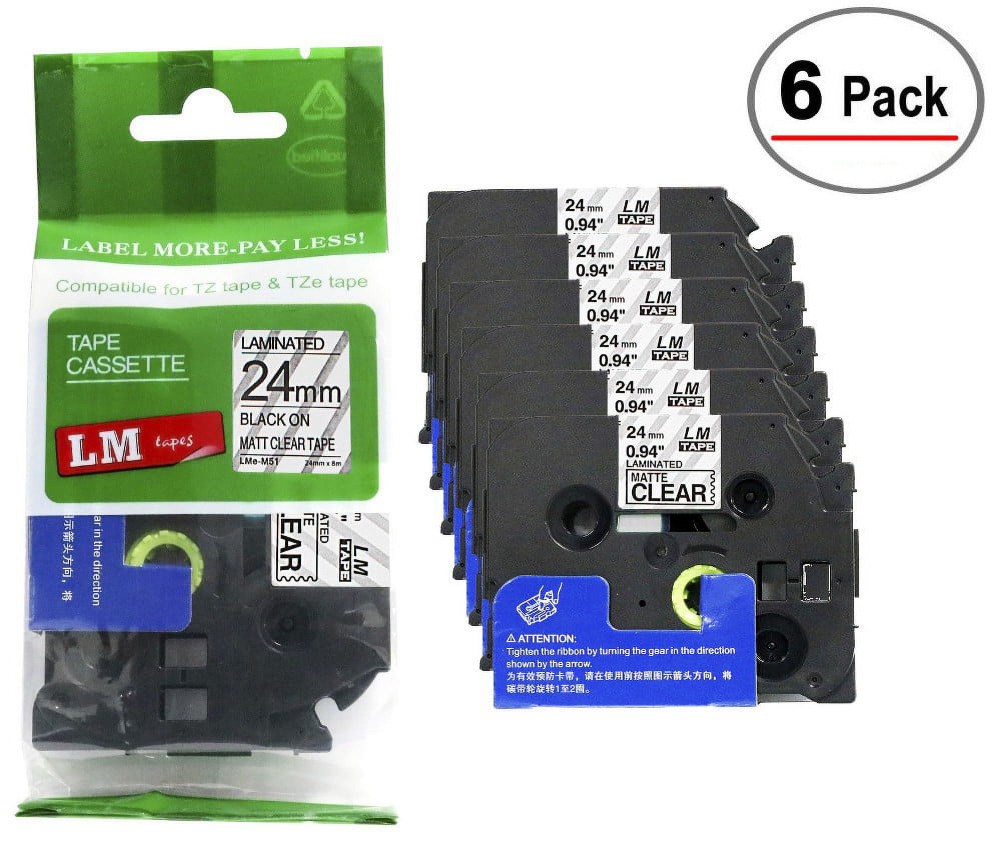 6/Pack LM Tapes - Premium 1" Black Print on Matte Clear Label (24mm 0. ...