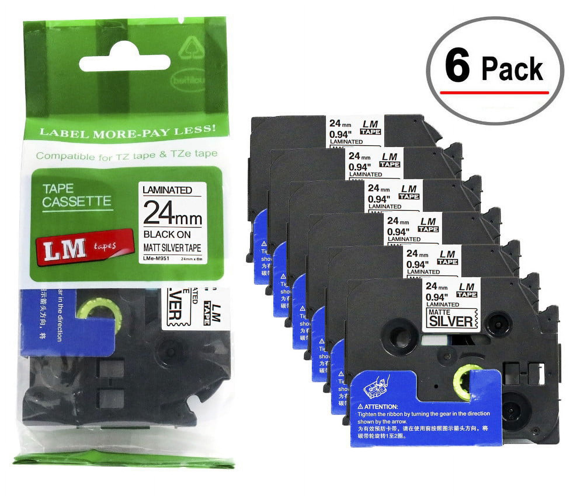 6/Pack LM Tapes - Premium 1" Black Print on Matte Silver Label (24mm 0. ...