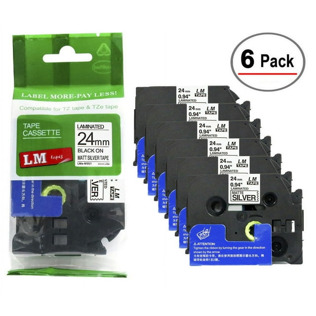 6/Pack LM Tapes - Premium 1" Black Print on Matte Silver Label (24mm 0. ...