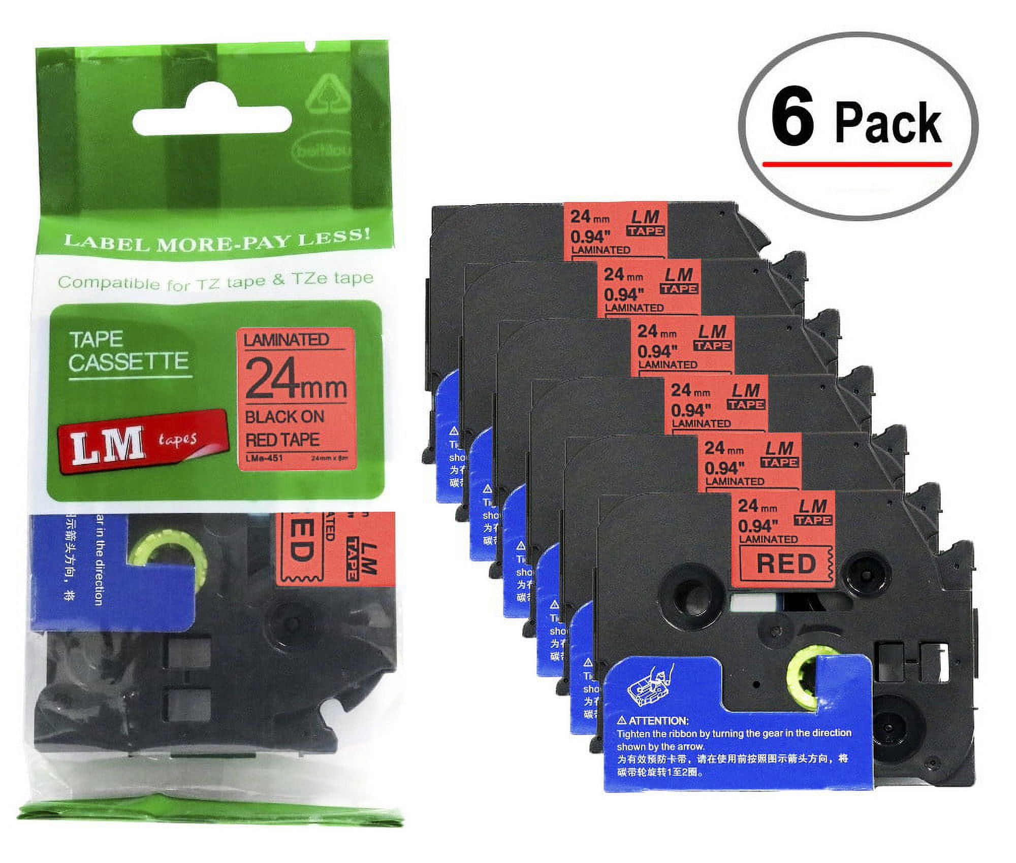 6/Pack LM Tapes - Premium 1" Black Print on Red Label (24mm 0.94 ...