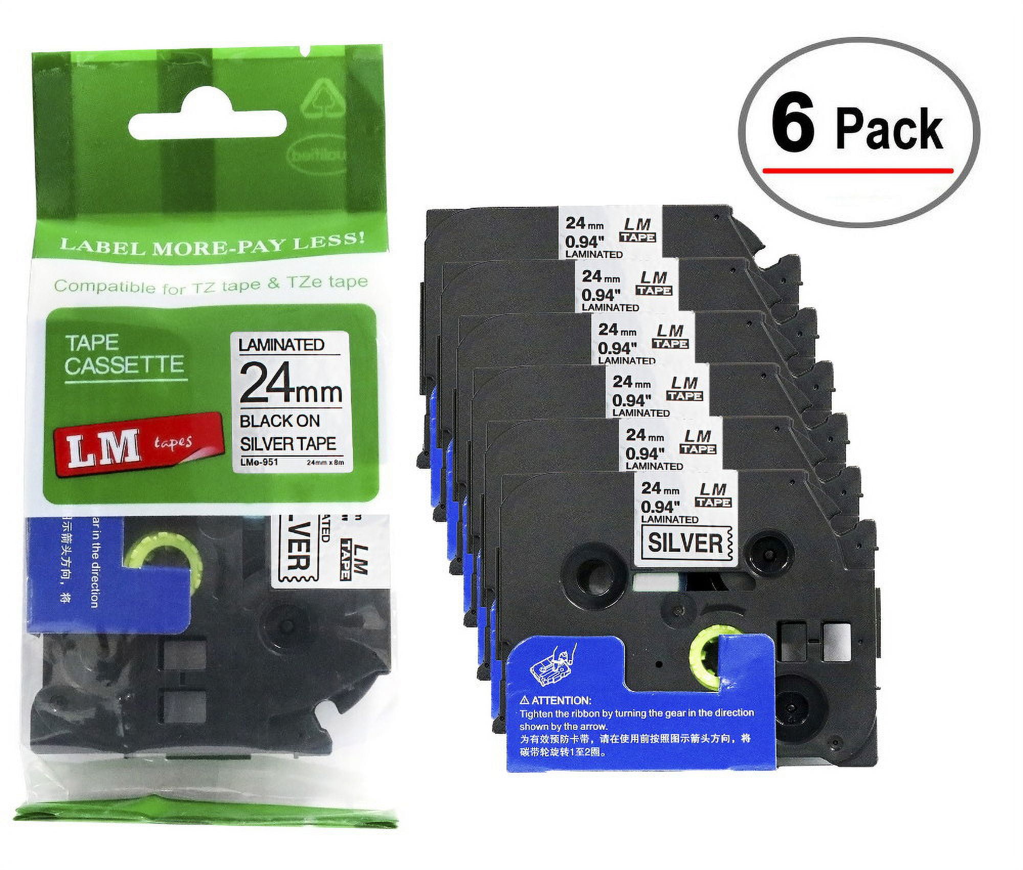 6/Pack LM Tapes - Premium 1" Black Print on Silver Label (24mm 0.94 ...