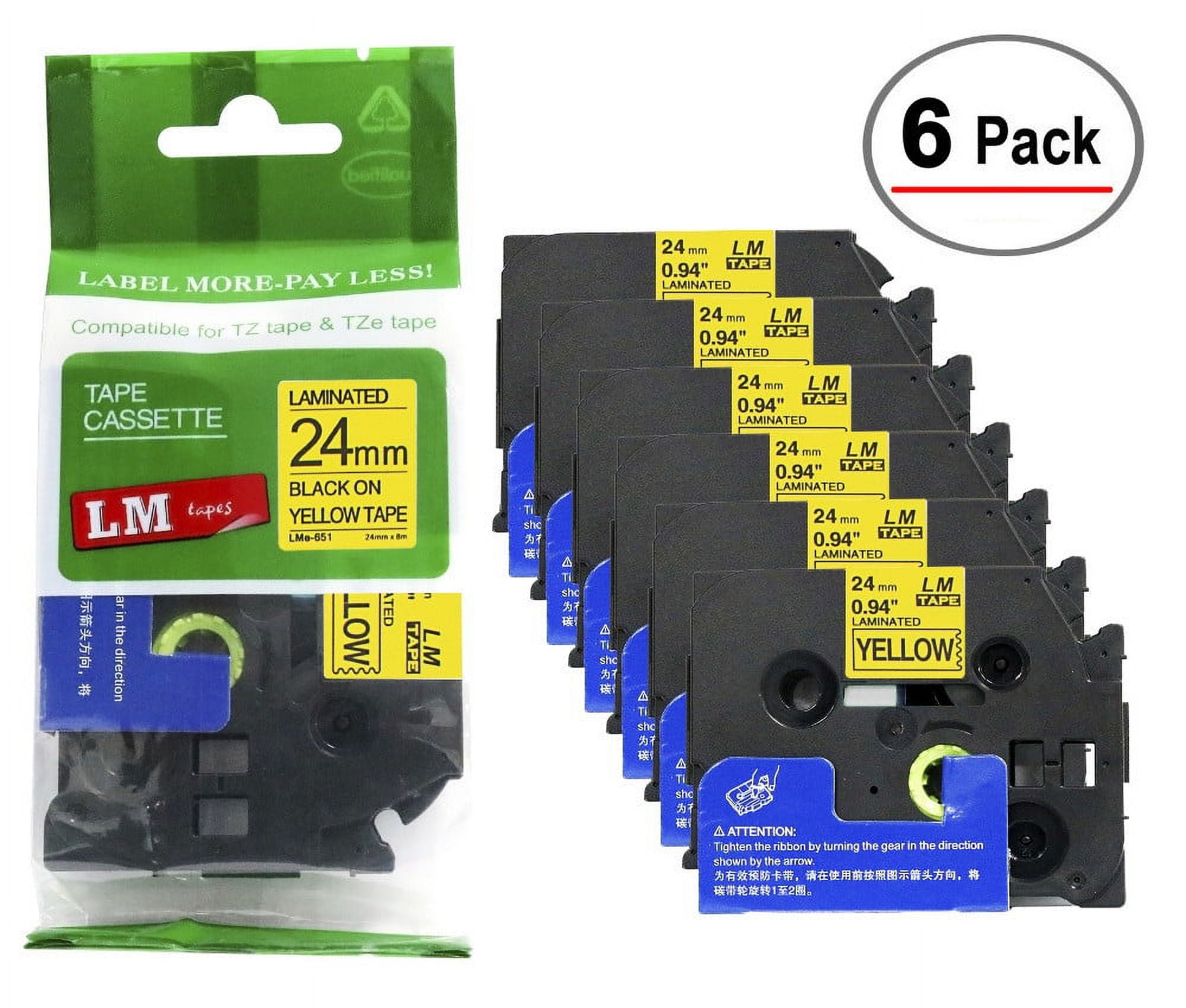 6/Pack LM Tapes - Premium 1" Black Print on Yellow Label (24mm 0.94 ...