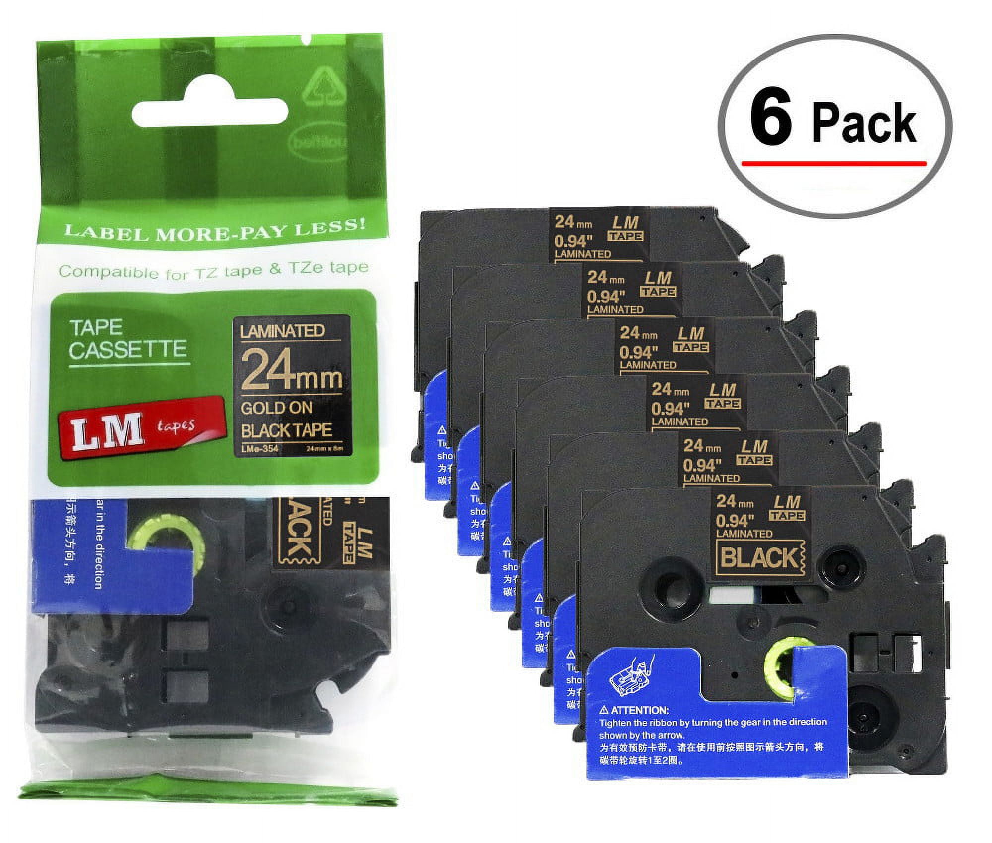 6/Pack LM Tapes - Premium 1" Gold Print on Black Label (24mm 0.94 ...