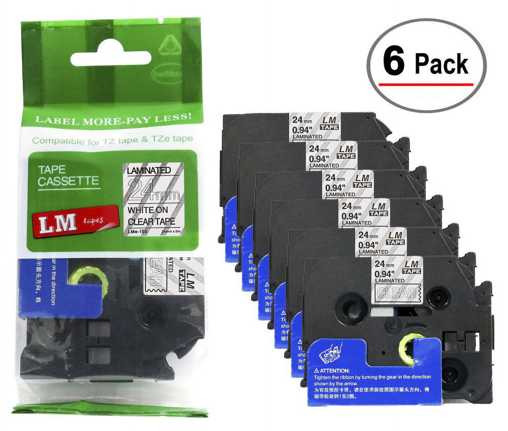 6/Pack LM Tapes - Premium 1" White Print on Clear Label (24mm 0.94 ...