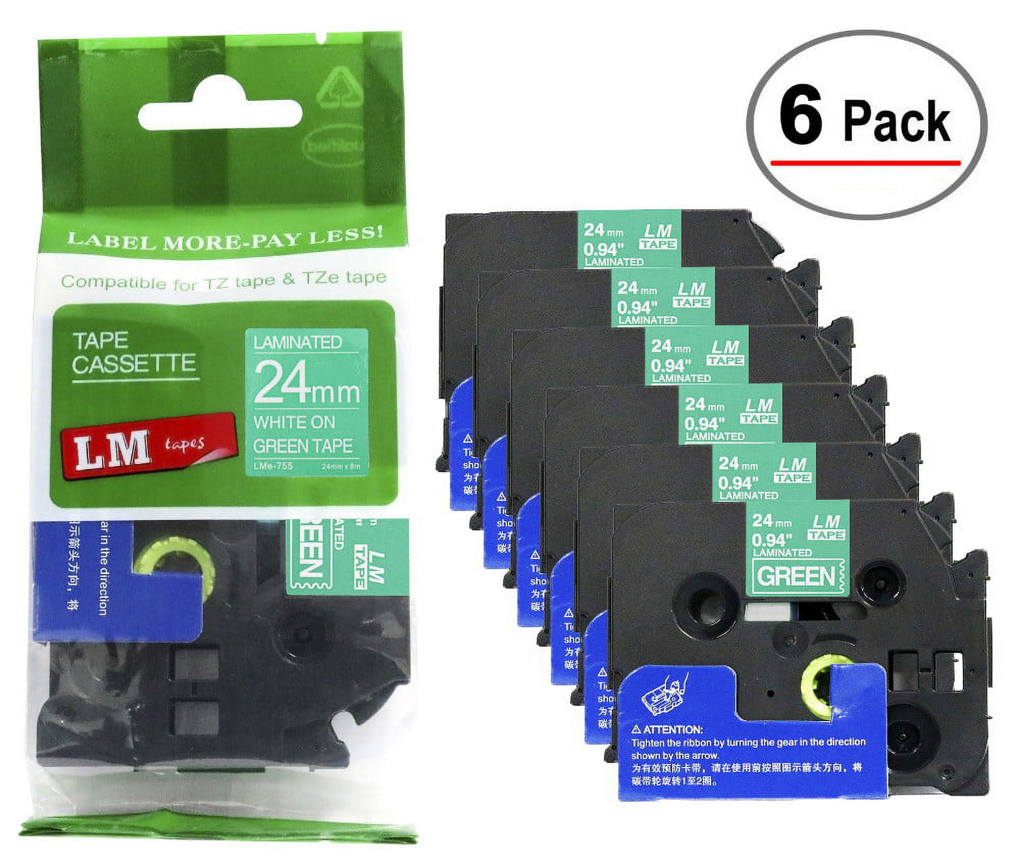 6/Pack LM Tapes - Premium 1" White Print on Green Label (24mm 0.94 ...