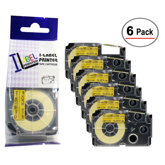 6/Pack LM Tapes Premium Compatible Casio XR18YW 3/4 In Black on Yellow ...