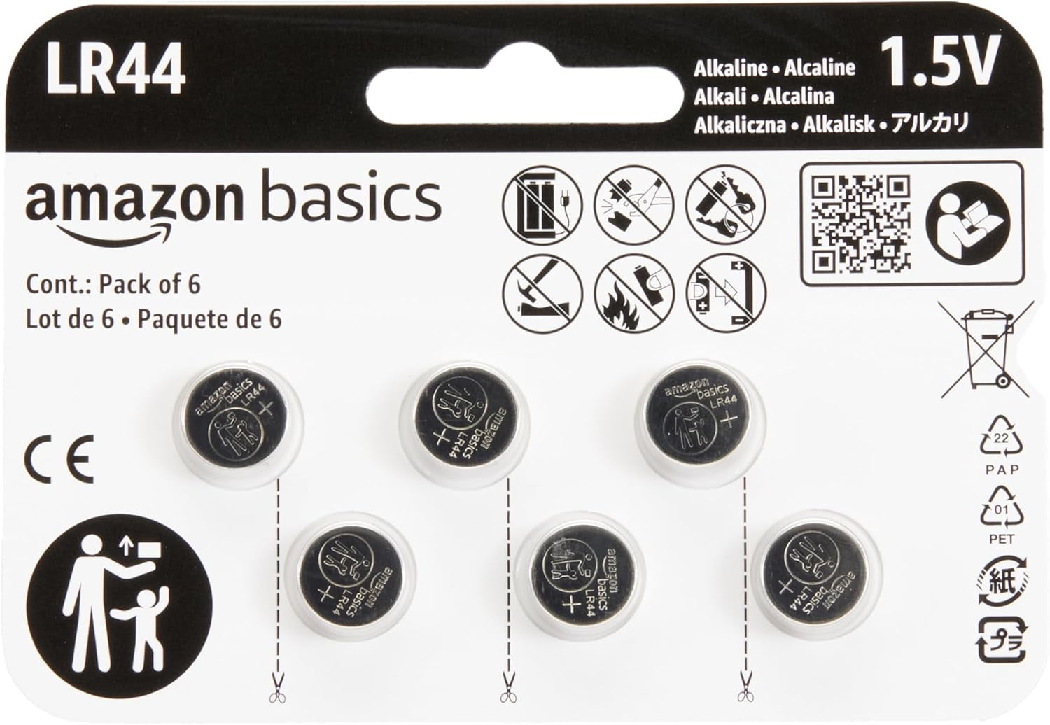 6-Pack LR44 Alkaline Button Coin Cell Battery, 1.5 Volt, Long Lasting ...