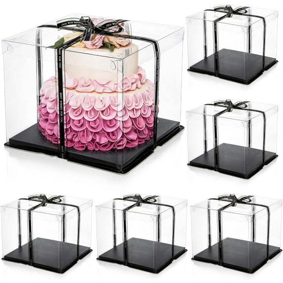 6 Pack Large Clear Cake Box with Ribbon, Tall Cake Box Carrier 12x12x10 ...