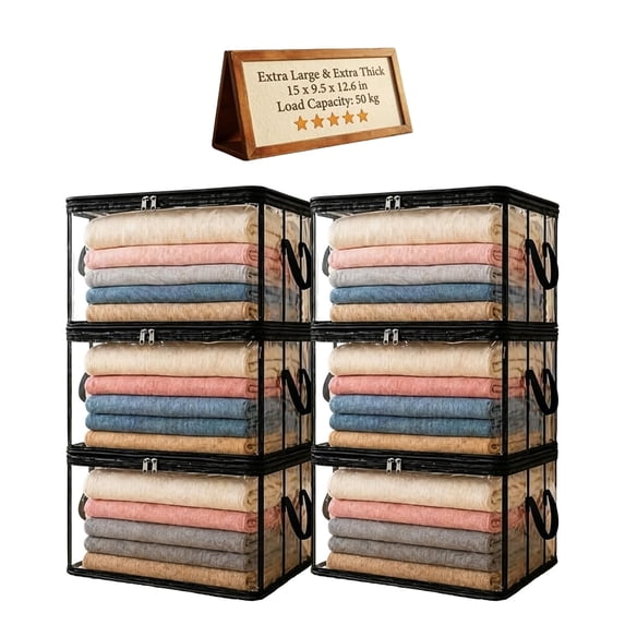 6 Pack Large Clear Thick Plastic Storage Box with Hinged Lid, Heavy ...