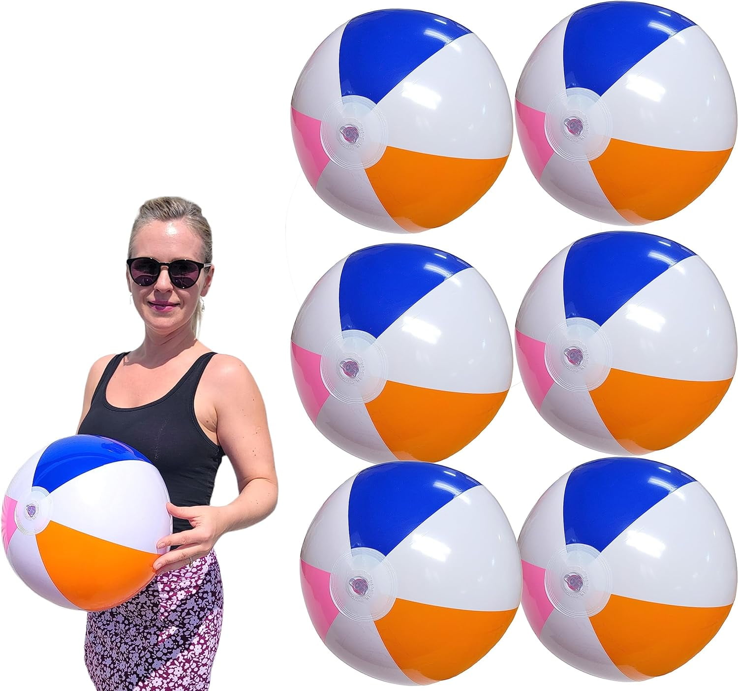 6 Pack- Large Colorful Inflatable Beach Balls (16") Summer Inflate Balls Toys for Pool Beach ...