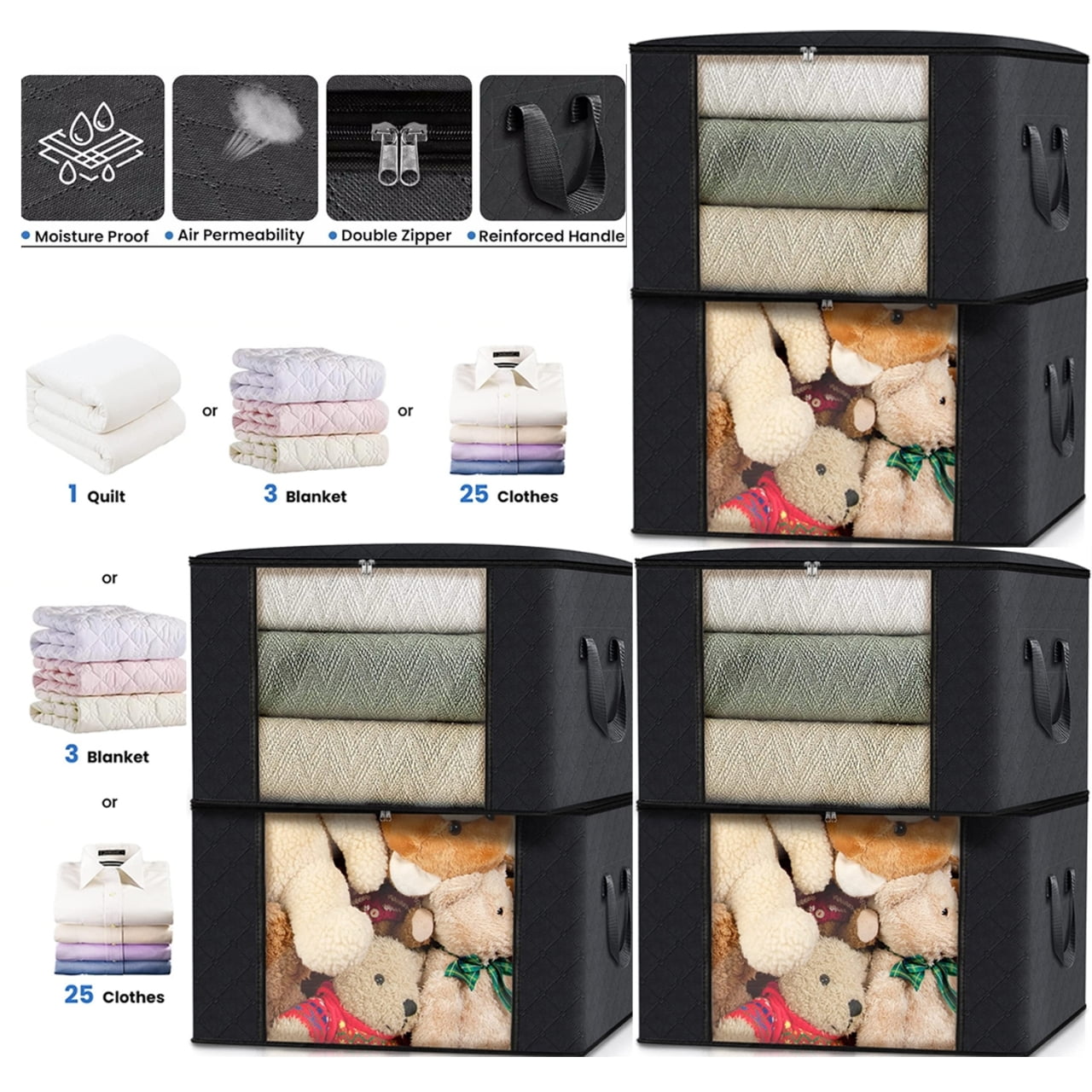 6 Pack Large Foldable Closet Organizer Storage Bags with Sturdy Handles ...