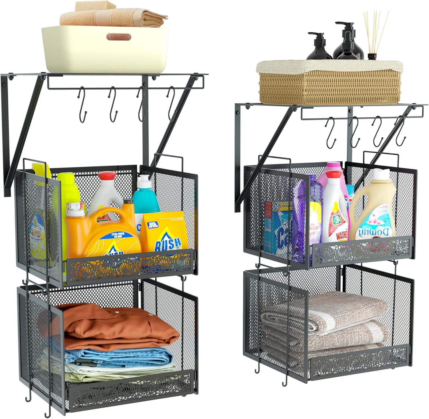 6 Pack Laundry Room Shelves with Steel Mesh Baskets, Easy Install ...