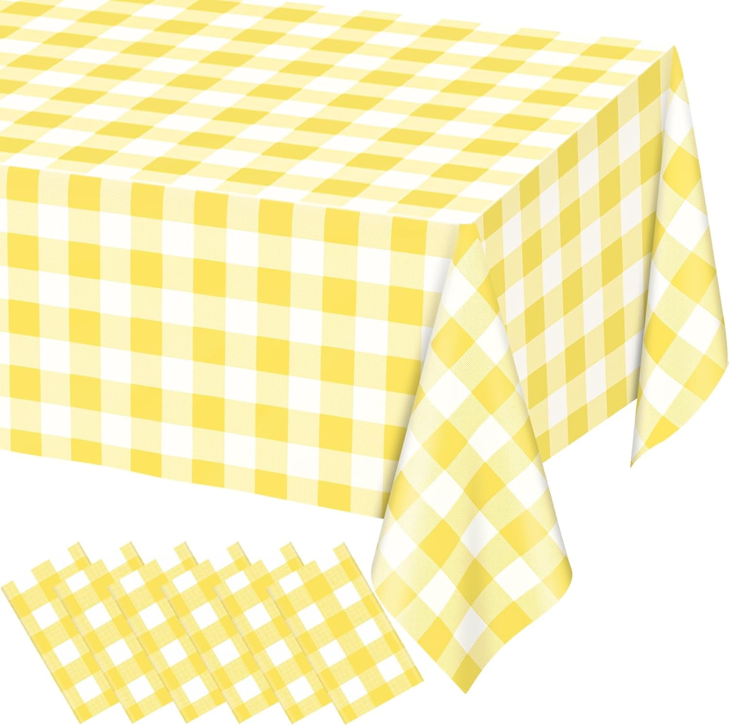 6 Pack Light Yellow Gingham Rectangular Plastic Tablecloths, Yellow and ...
