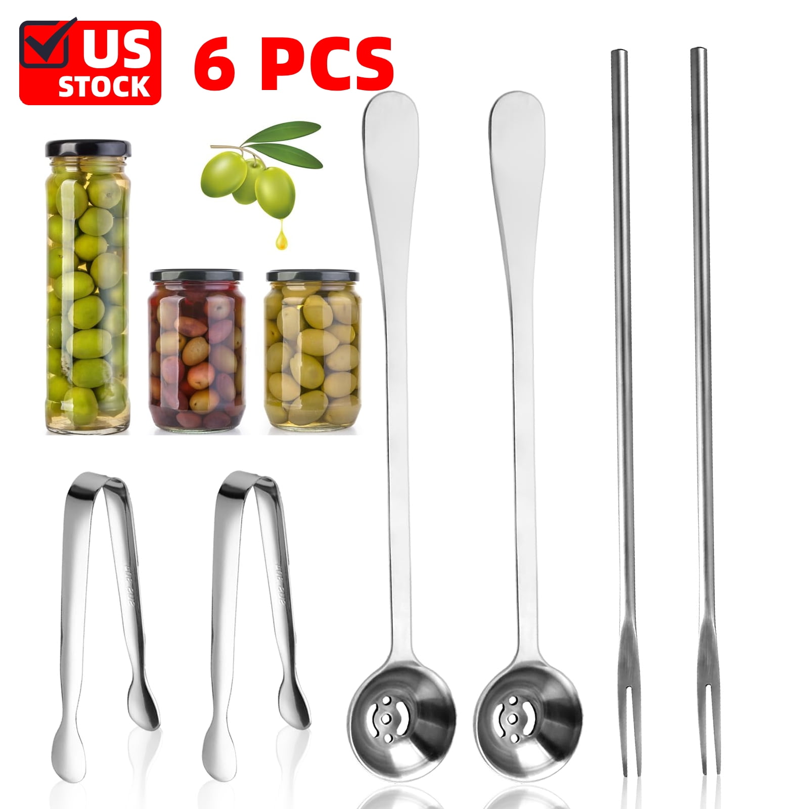 6 Pack Long Handle Pickle Fork Olive Spoon with Drain Hole Strainer ...