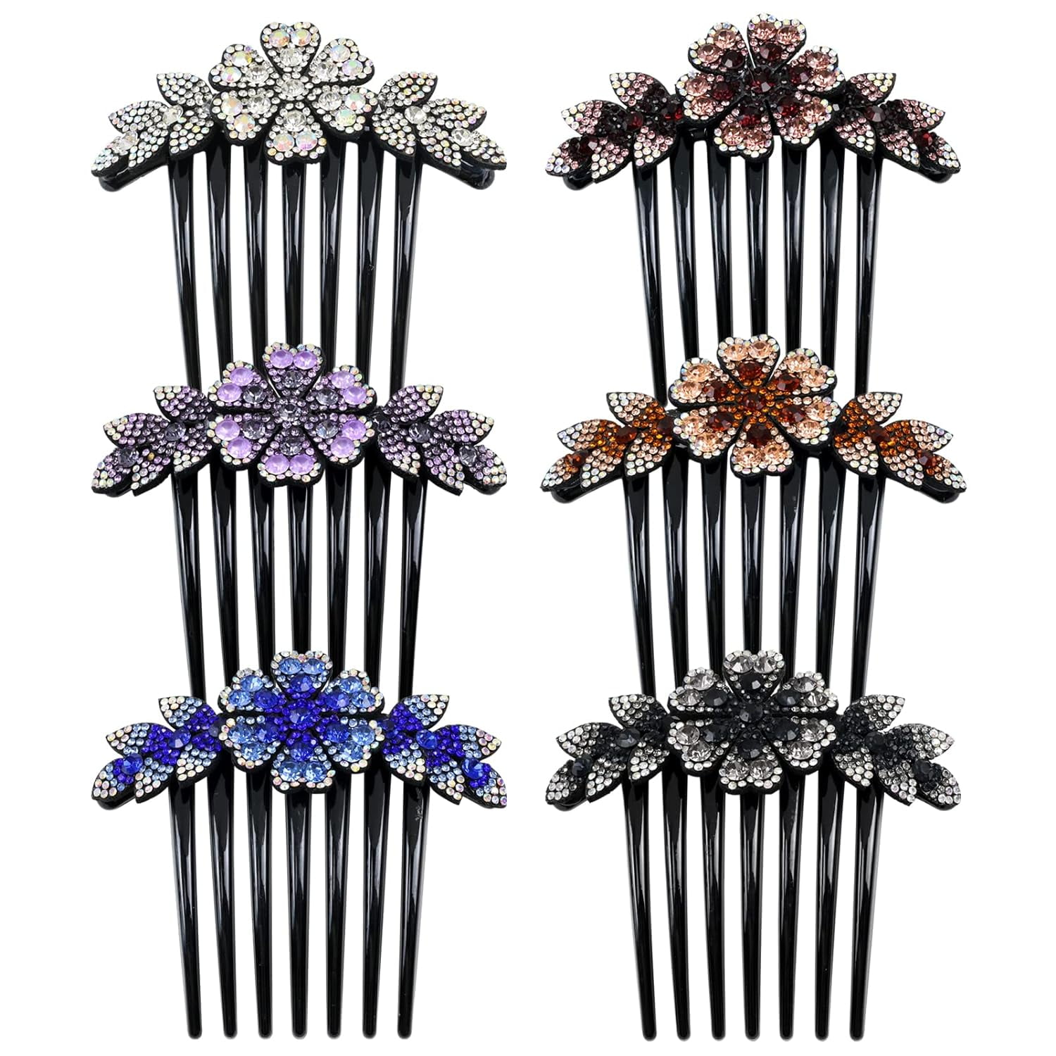 6 Pack Luxury Sparkly Glitter Flower Leaf Rhinestone Black Plastic Hair ...