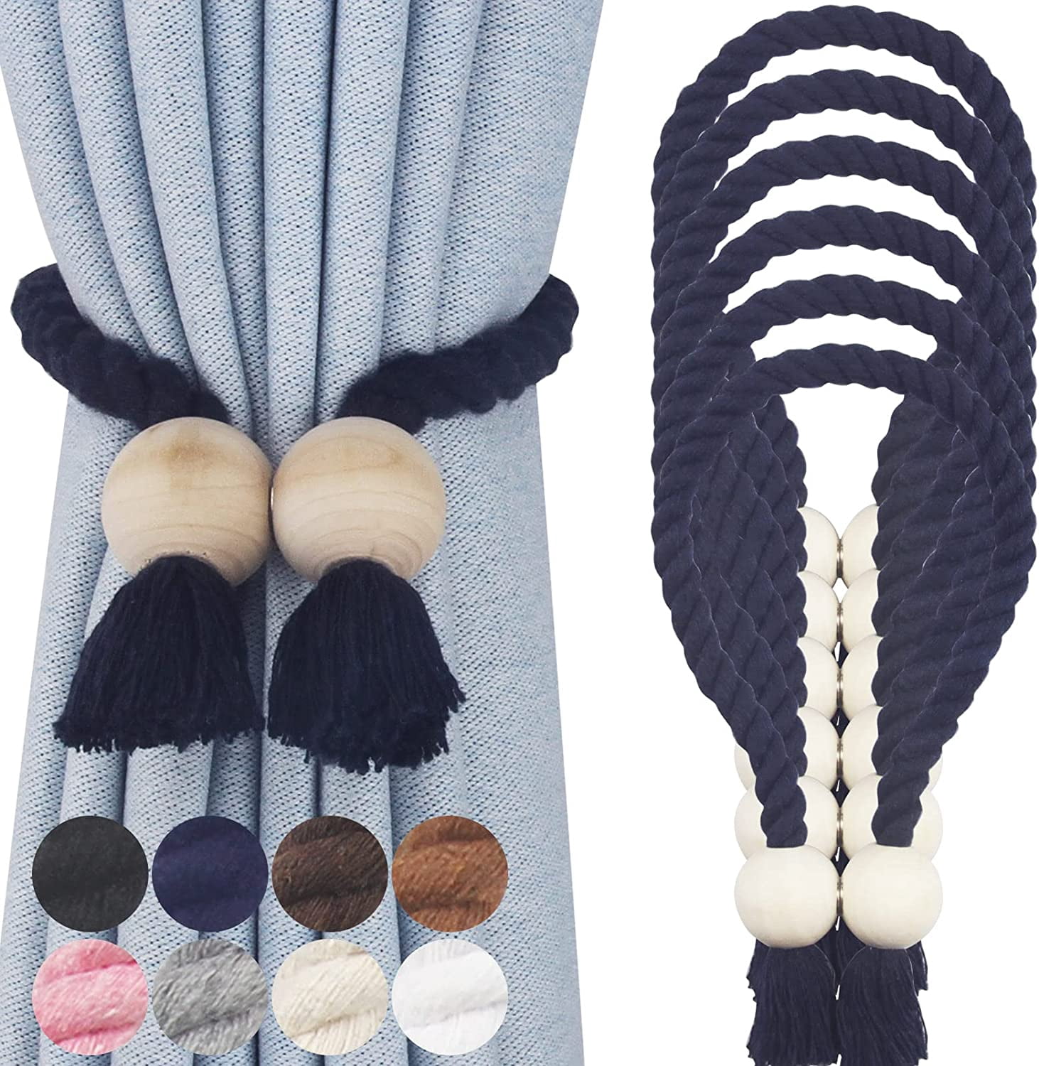 6 Pack Magnetic Curtain Tiebacks Cotton Hand Woven Tie Back Decorative ...