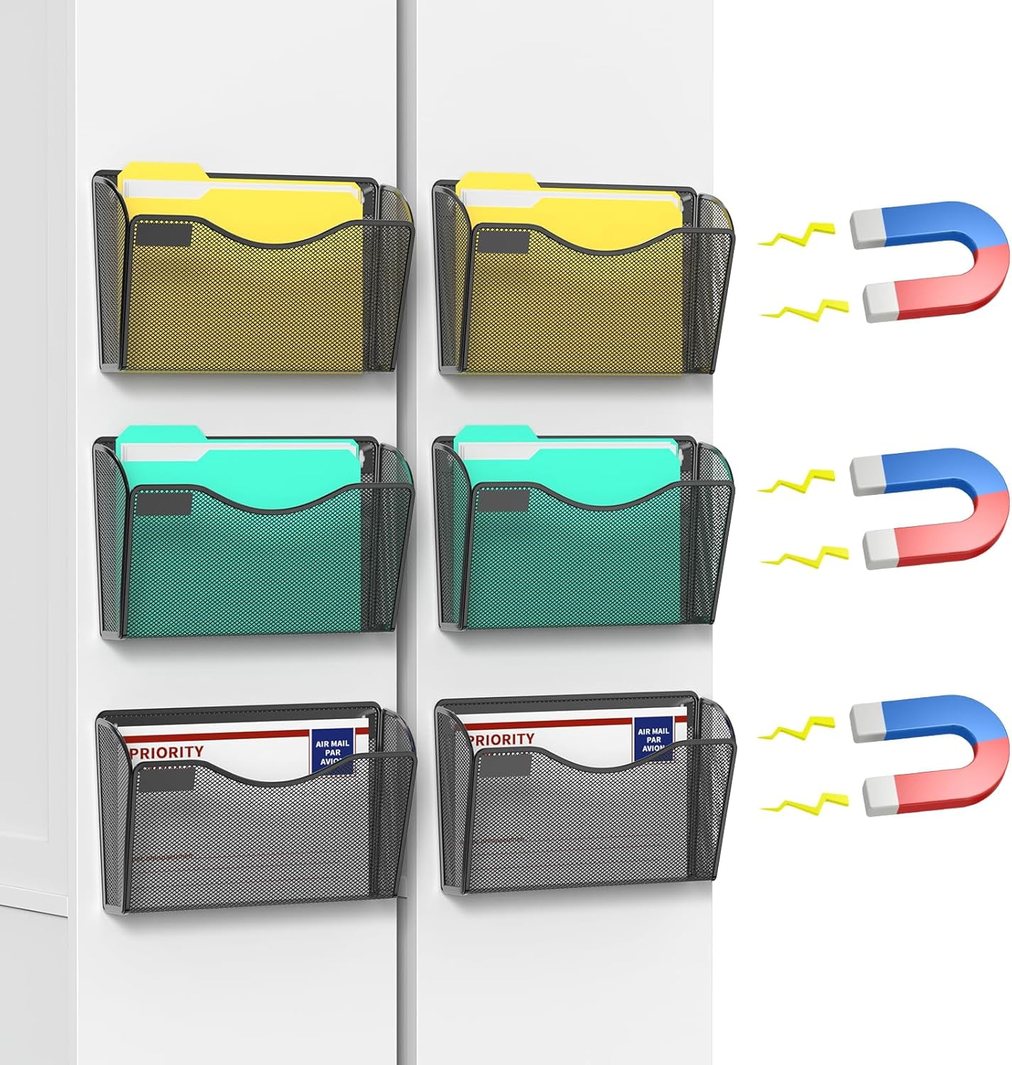 6 Pack Magnetic File Holder, Mesh Wall File Organizer File Pocket Mail ...