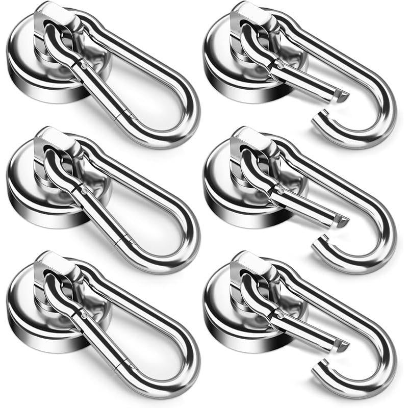 6 Pack Magnetic Hooks with Swivel Carabiner, 50LBS Neodymium Magnet ...