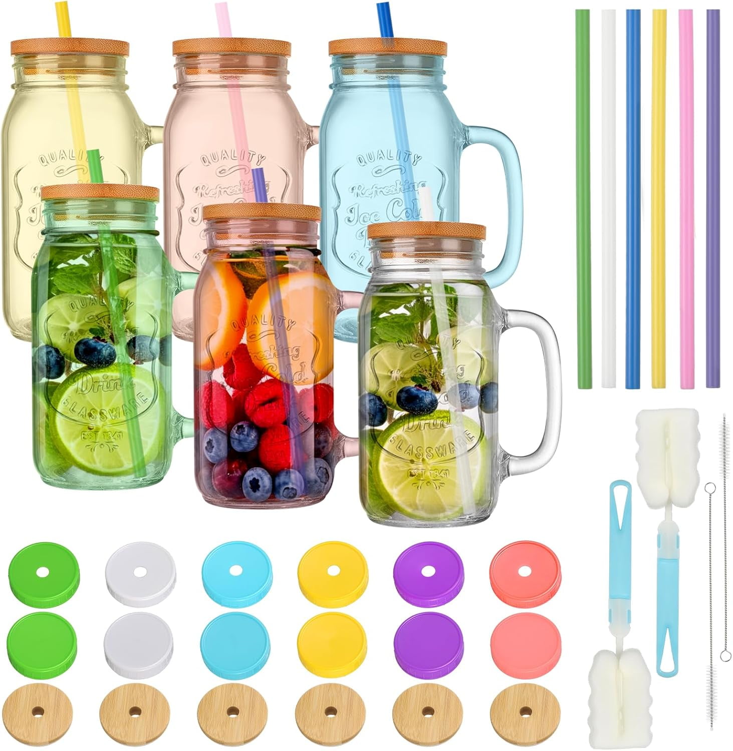 6 Pack Mason Jars with Handle, 24 OZ Colorful Drinking Glasses with Lids and Straws, Mason Jar ...
