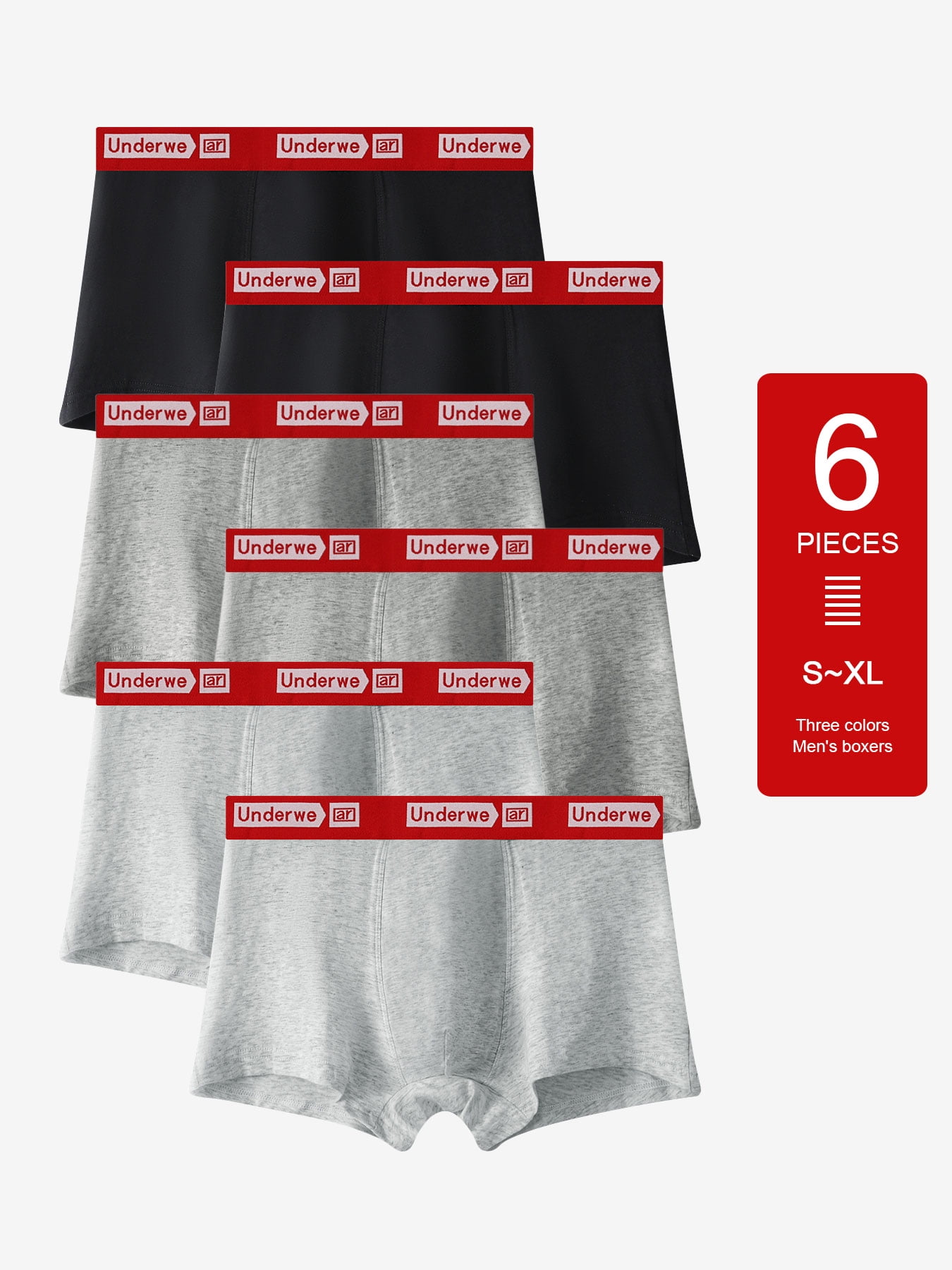 6-Pack Men's 95% Cotton Boxers with “Underwe” Red Waist: Airy & Skin ...