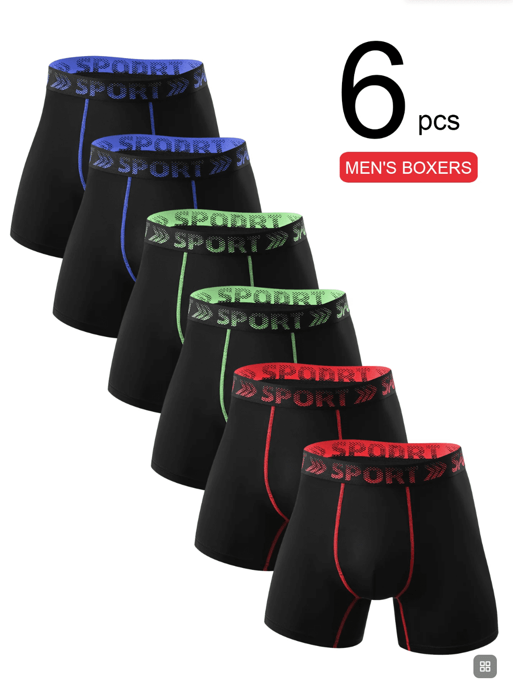 6-Pack Men's Sports Boxers | "SPORT" Waistband + Color-Block Stripes ...