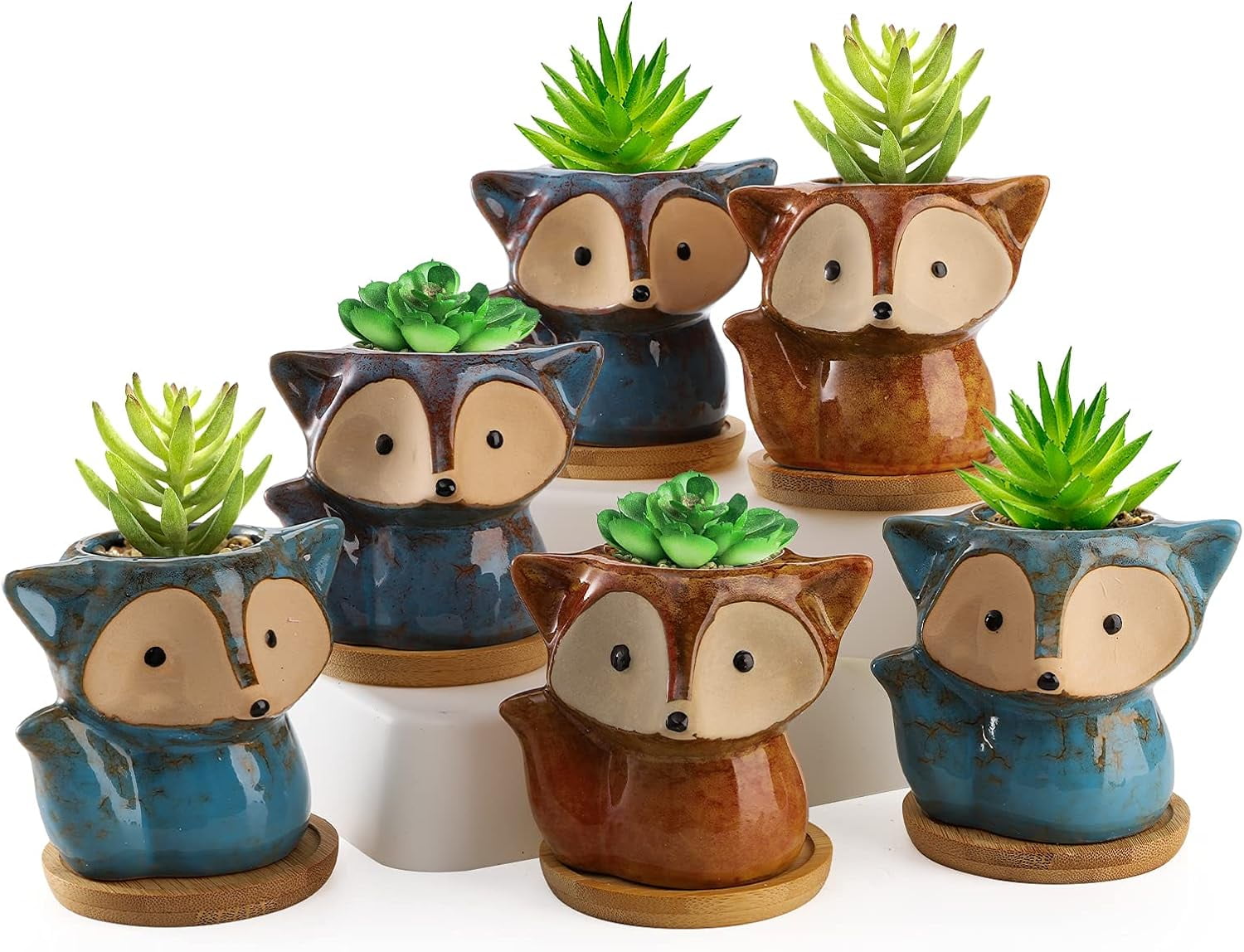 6 Pack Mini Animal Succulent Planters with Bamboo Tray, 3.5" Ceramic ...