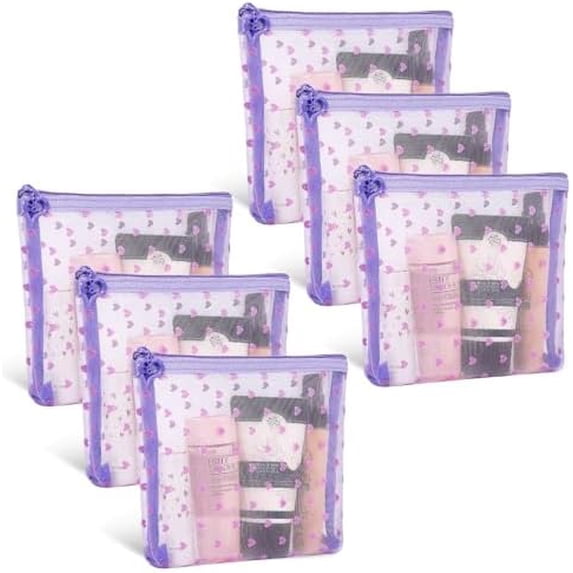 6 Pack Mini Zipper Mesh Makeup Bags, Heart Print Nylon Cosmetic Bags ...