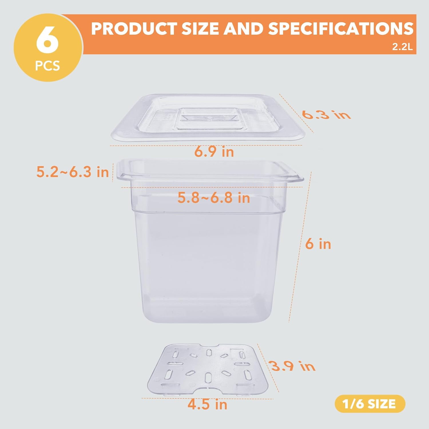 6-Pack NSF Commercial Food Pans with Lids and Drain Tray, 1/6 Size Deep ...