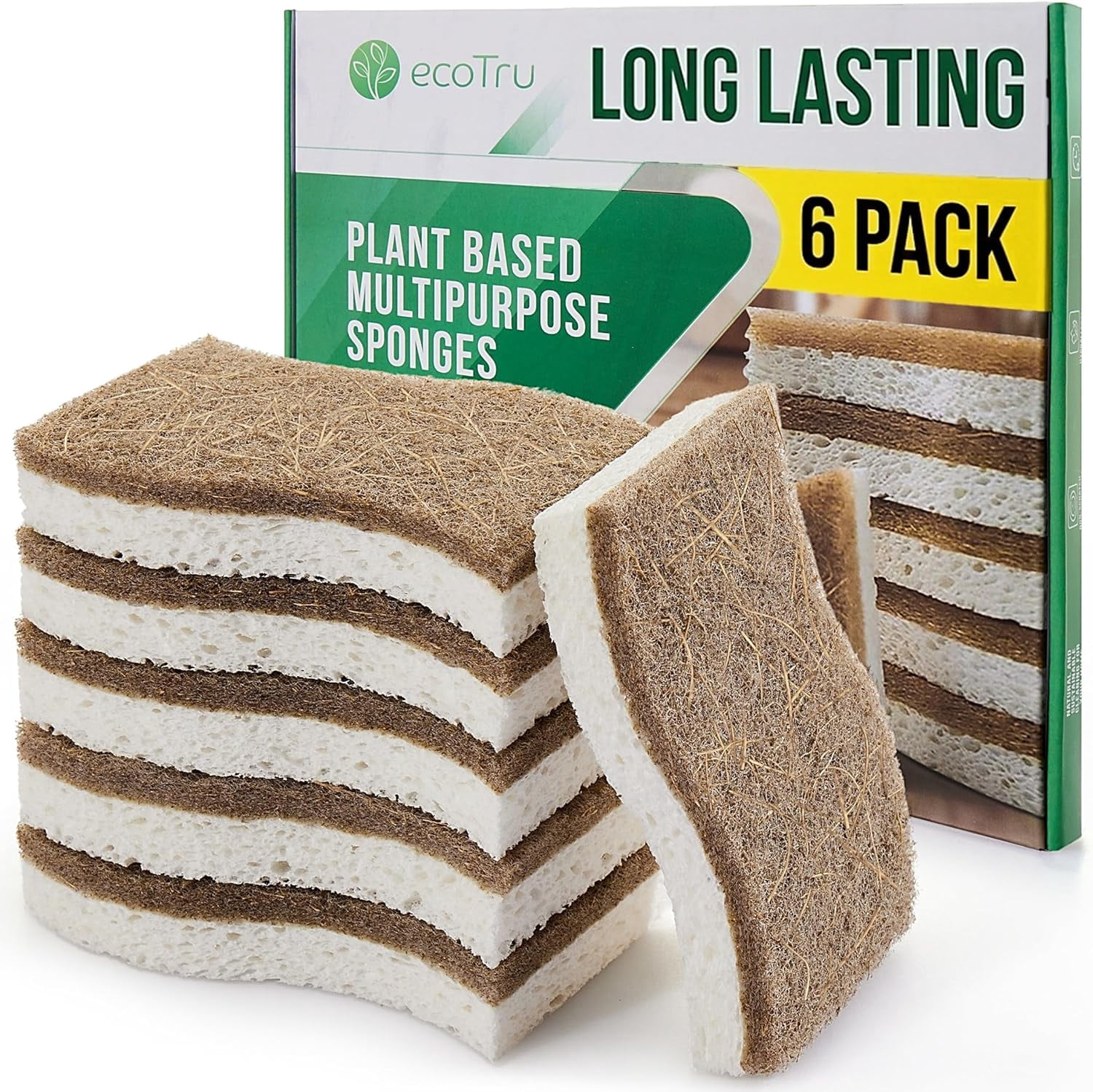 6 Pack Natural Kitchen Sponges, Compostable White Cellulose & Organic ...