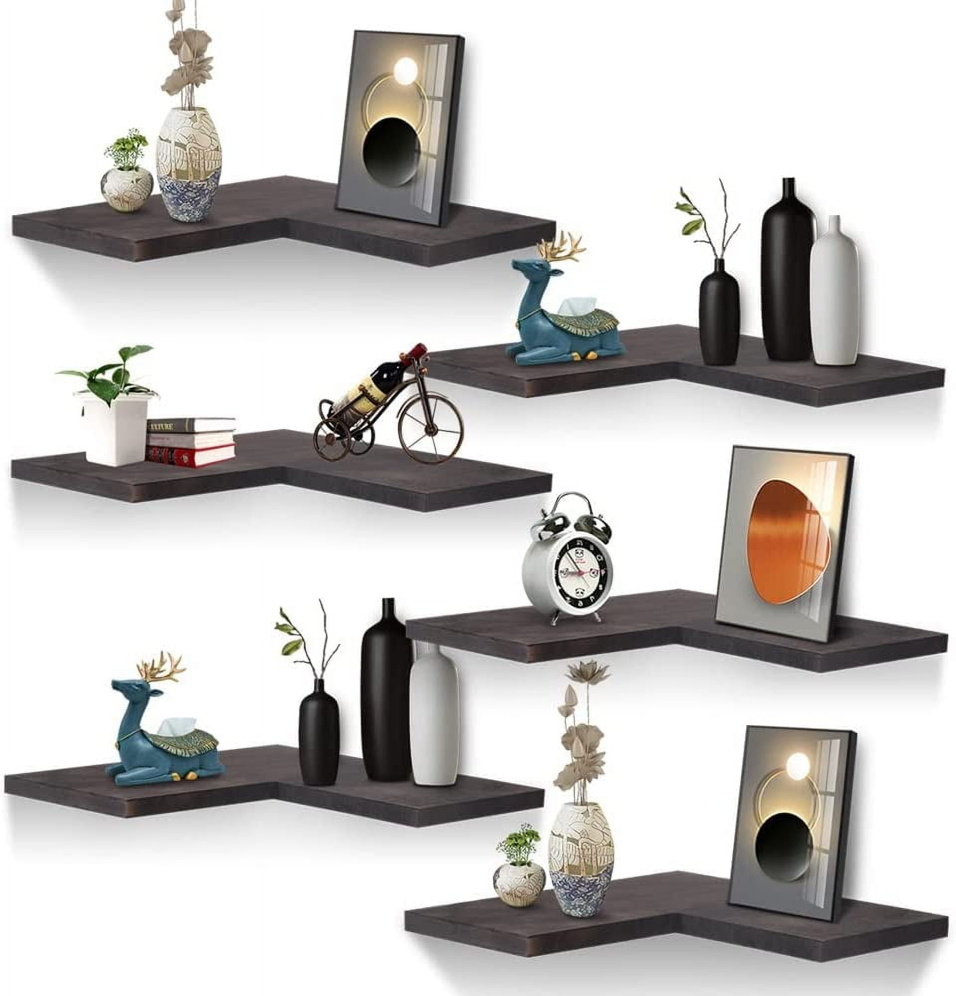 6 Pack Natural Wood L-Shaped Floating Shelves, 12x12x0.5in Carbonized ...