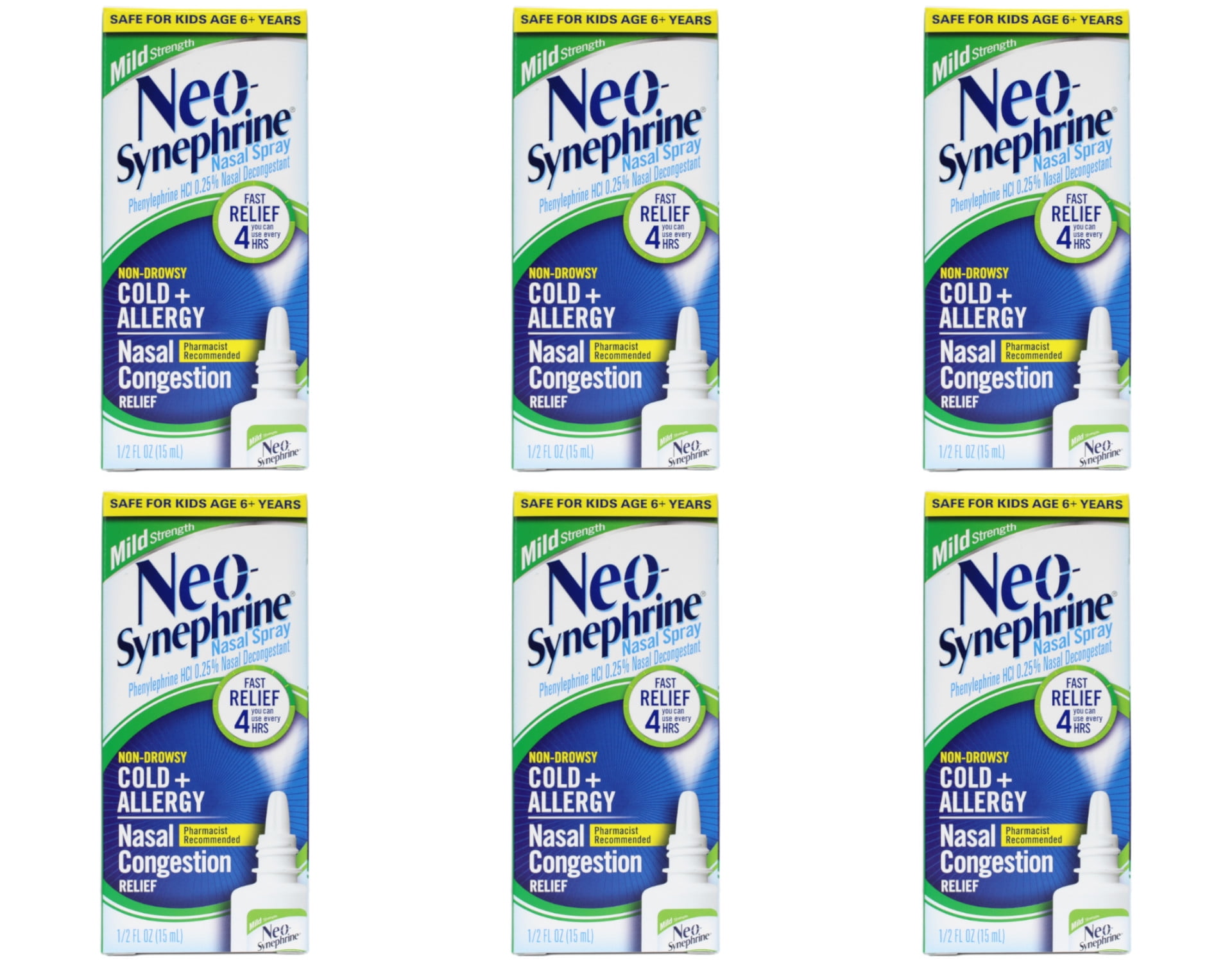 Neo-Synephrine Mild Decongestant Nasal Spray, Four Hour Relief, 6 Pack ...