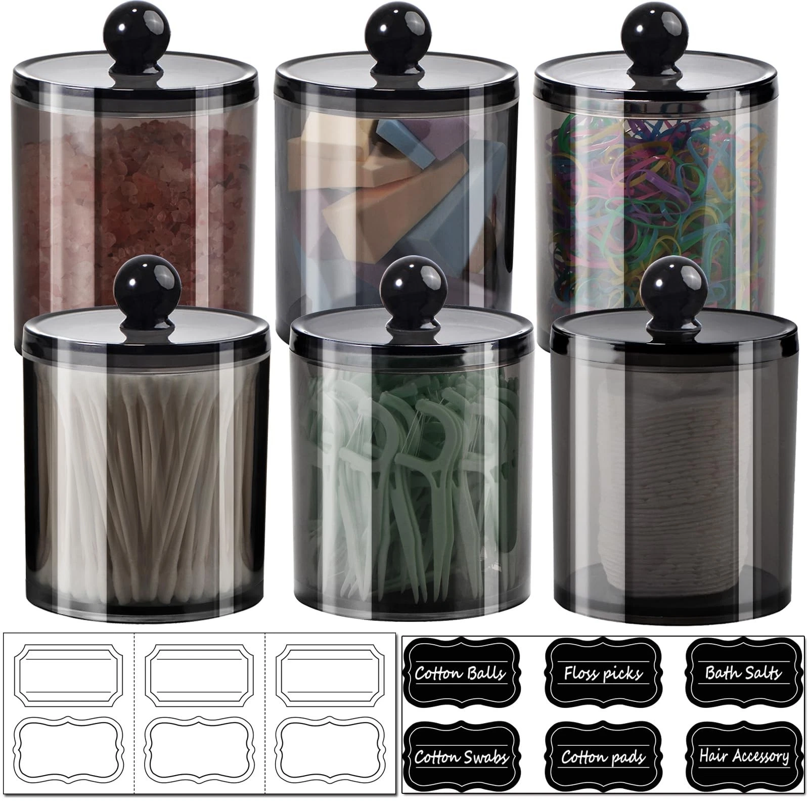 6 Pack Of 12 Oz. Qtip Dispenser Apothecary Jars Bathroom With Labels ...