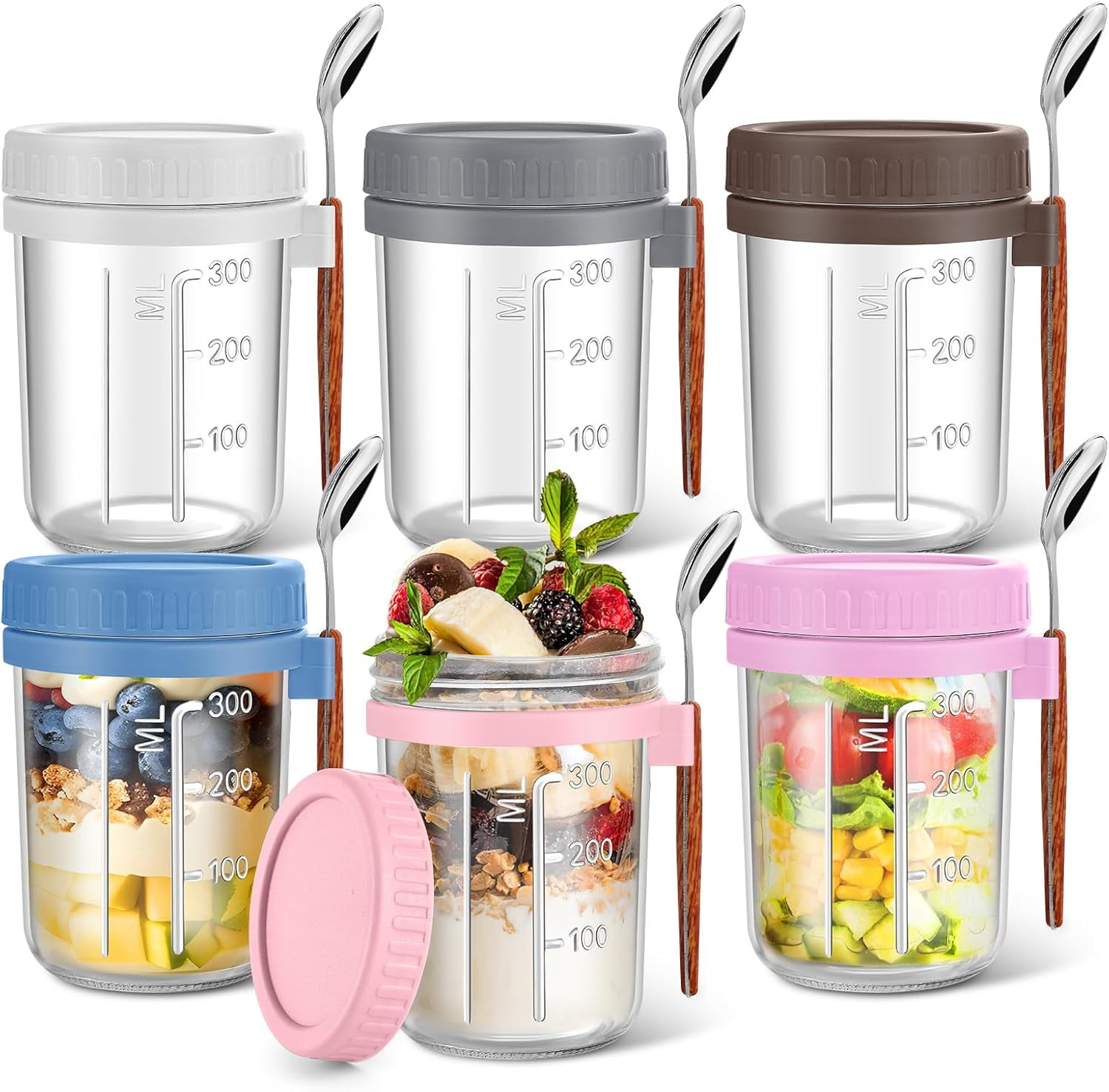 6 Pack Overnight Oat Containers with Lids & Spoons, 16 oz Glass Mason Jars, Airtight Leak-Proof ...
