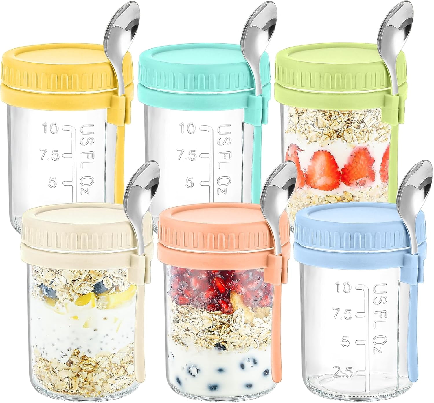 6 Pack Overnight Oats Containers with Lids and Spoons 16 Oz Glass Mason ...